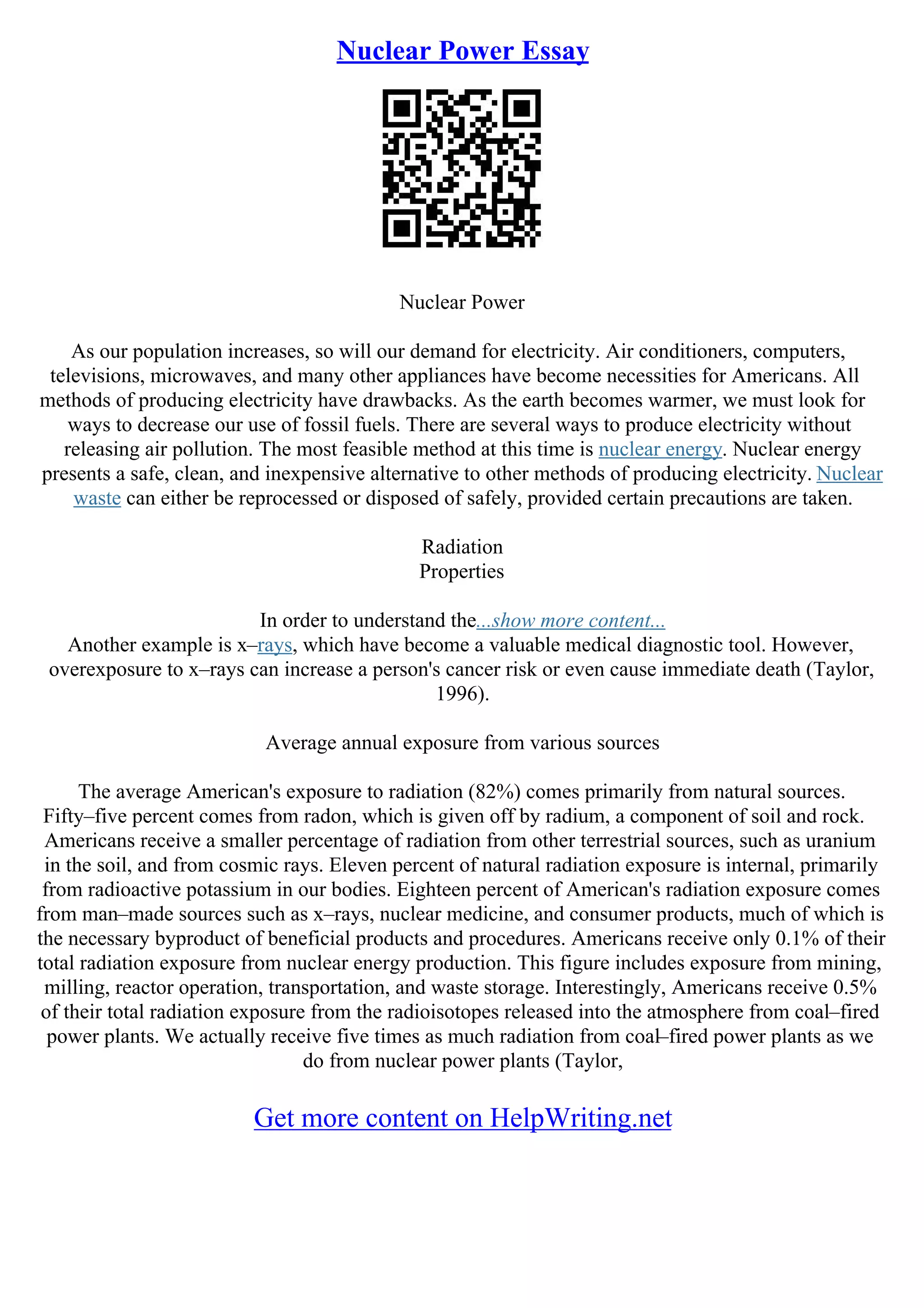 Nuclear Power Essay | PDF