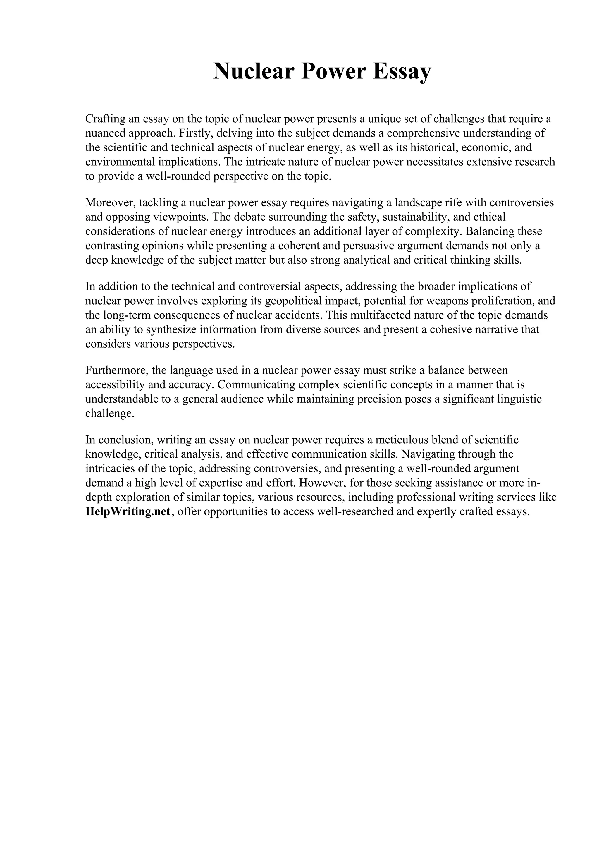 Nuclear Power Essay. Whitewater University of California | PDF