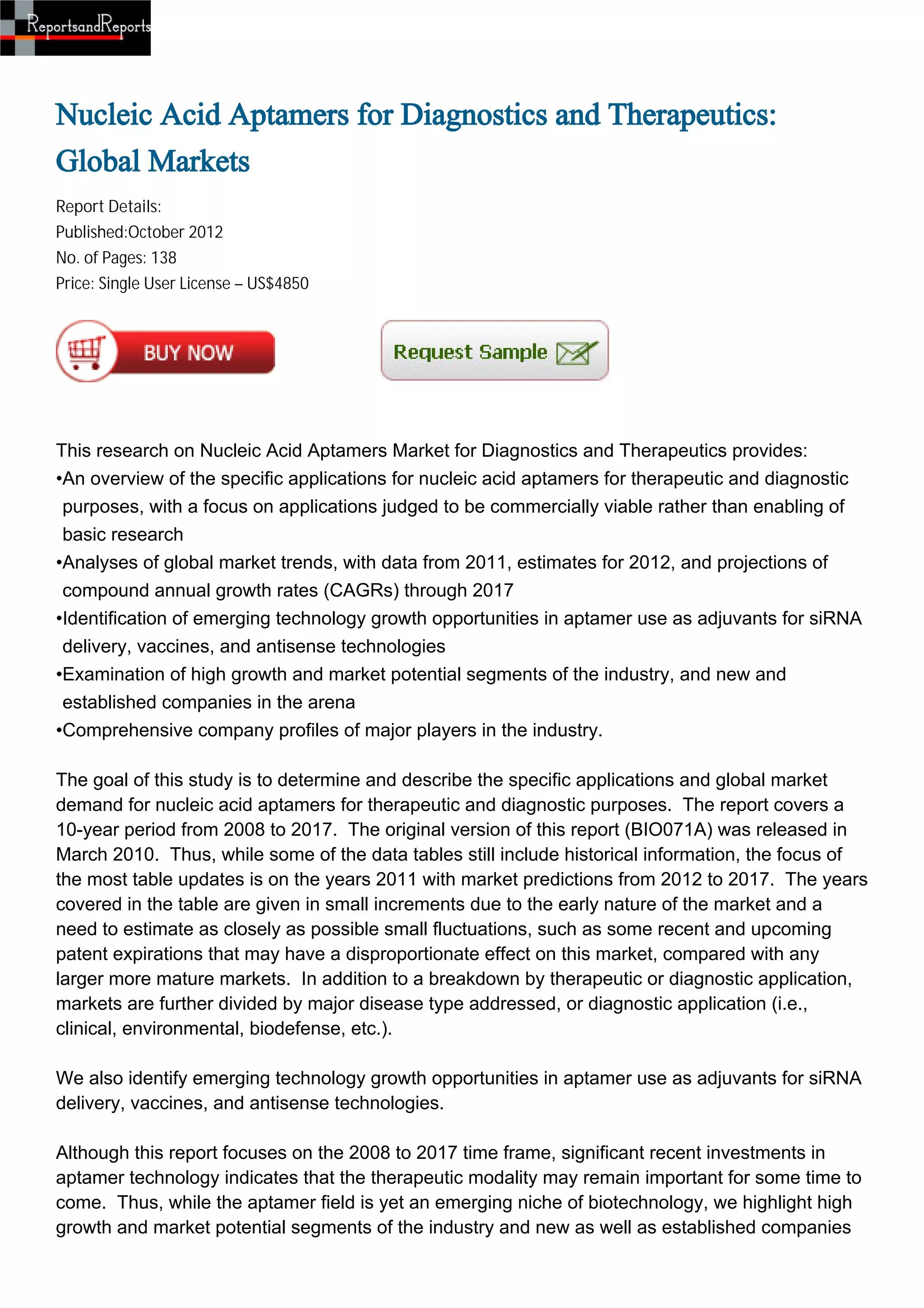 Nucleic Acid Aptamers for Diagnostics and Therapeutics: Global Markets ...
