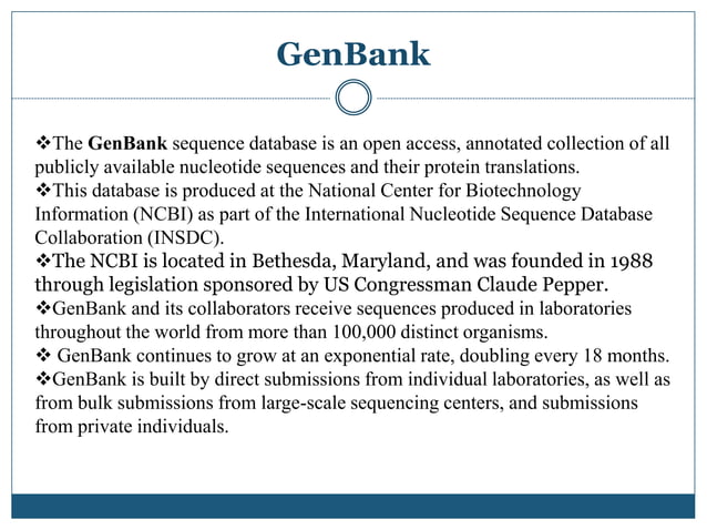 Nucleic Acid Databases (NDB ) of bioinformatics pptx | PPTX | Databases | Computer Software and ...