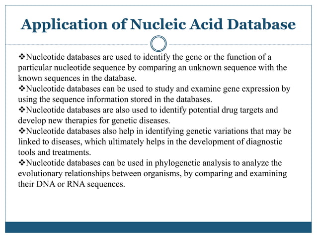 Nucleic Acid Databases (NDB ) of bioinformatics pptx | PPTX | Databases | Computer Software and ...
