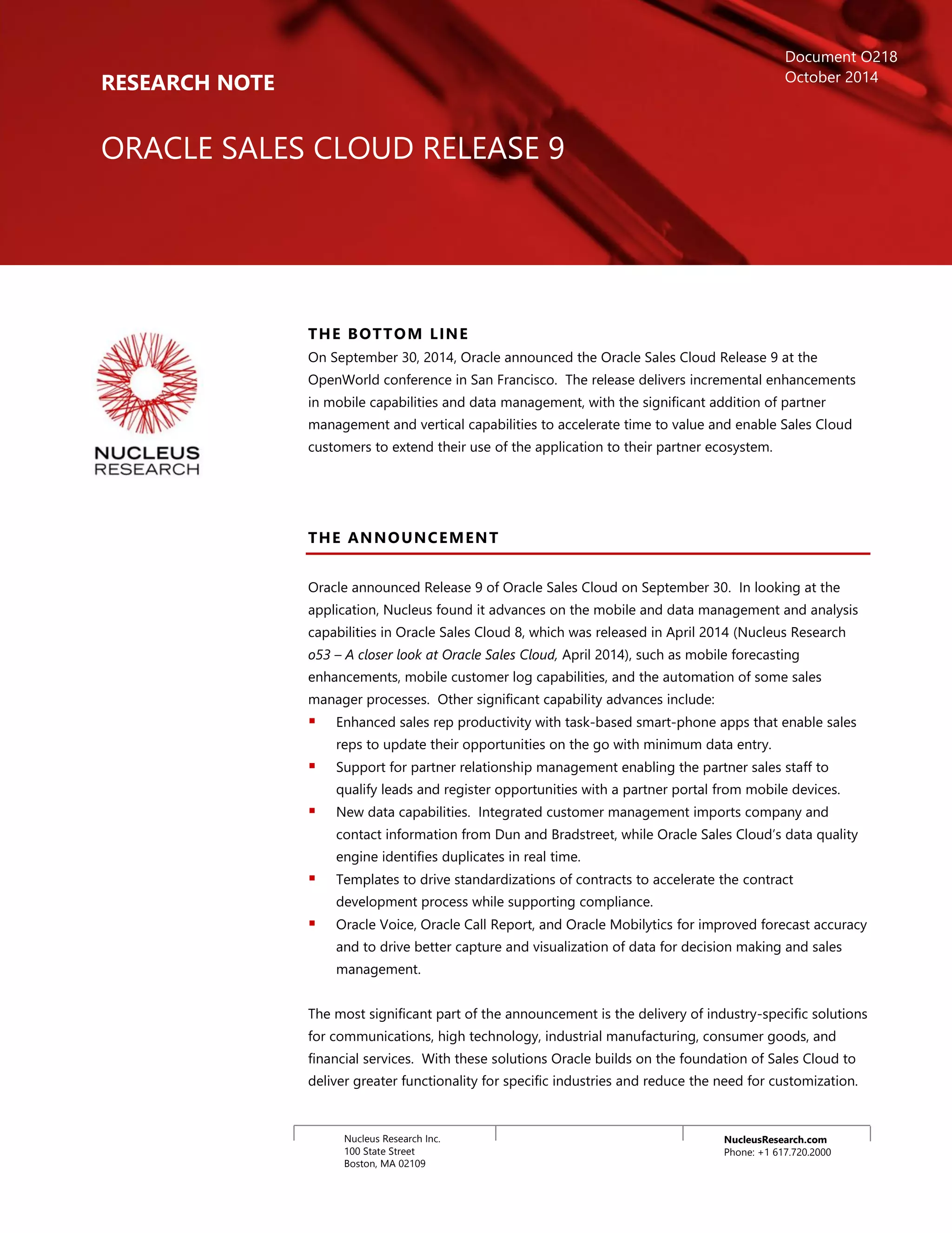 Benefits of Oracle Sales Cloud Release 9 by Nucleus Research | PDF