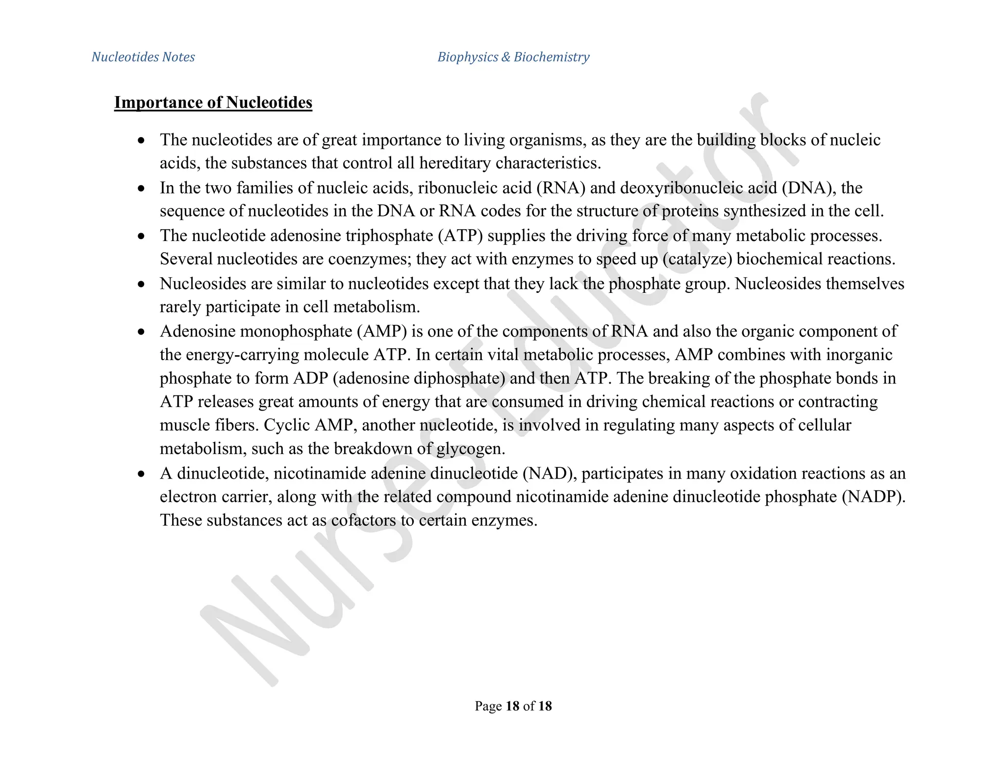 Nucleotides & Nucleic Acids Notes for Biophysics and Biochemistry | PPT