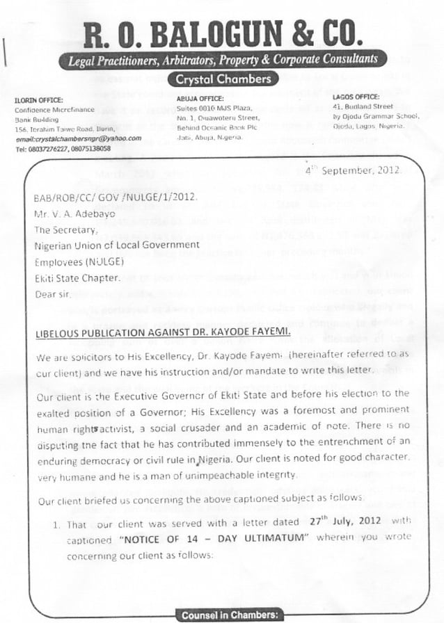 Letter to NULGE on the Libelous Publication Against Dr Kayode Fayemi | PDF
