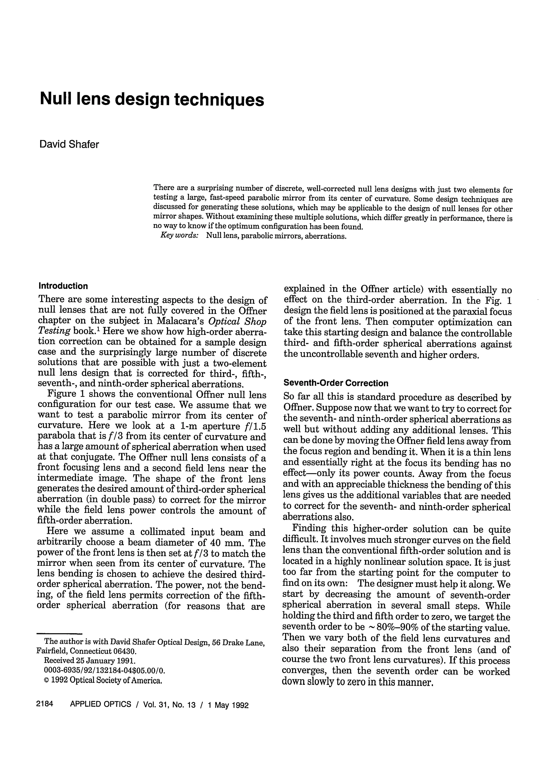 Null lens design techniques applied optics - 1992 | PDF