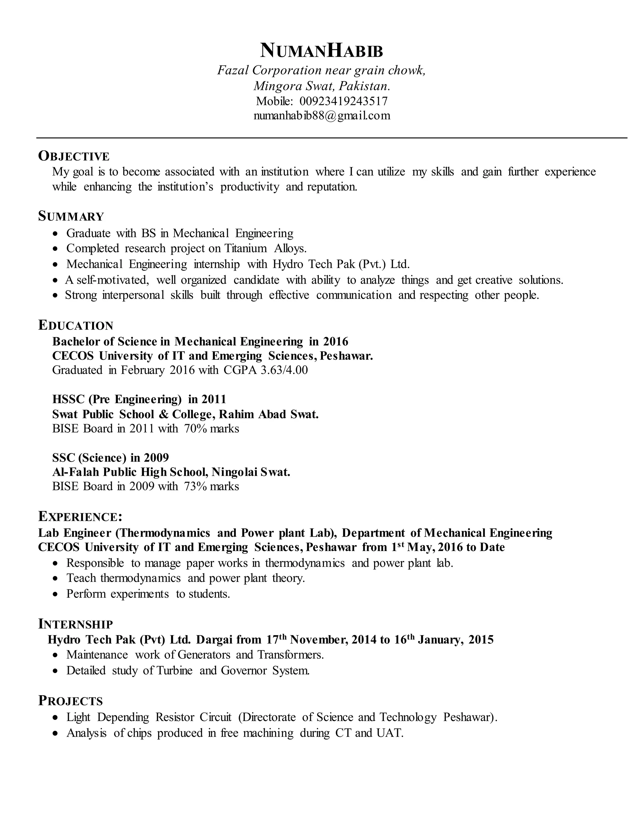 Numan habib cv | PDF