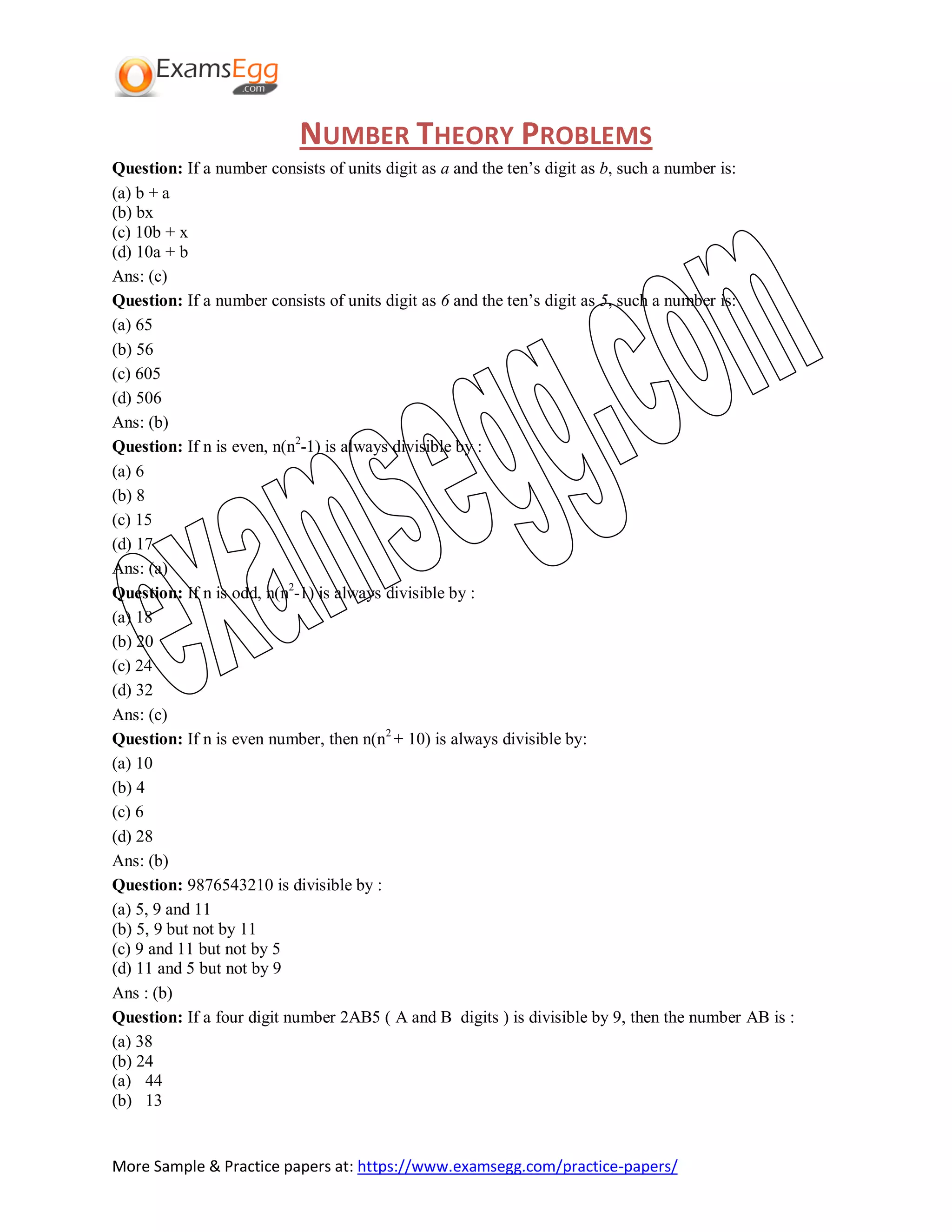 Basic Number Theory Questions for Practice by Examsegg | PDF