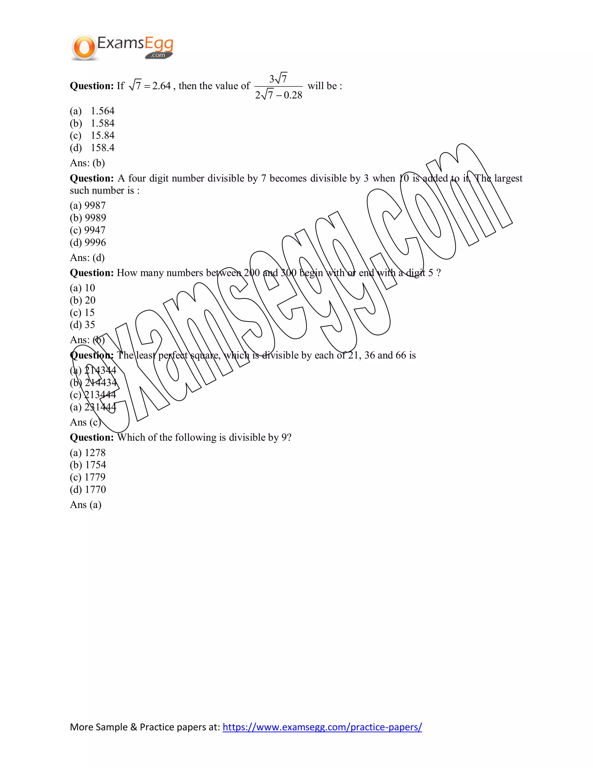 Basic Number Theory Questions for Practice by Examsegg | PDF