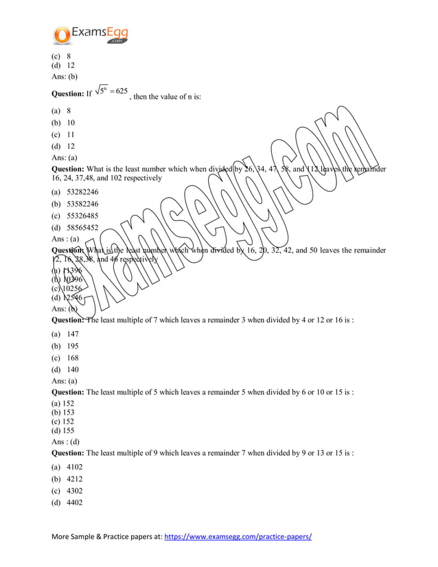 Basic Number Theory Questions for Practice by Examsegg | PDF | Games ...