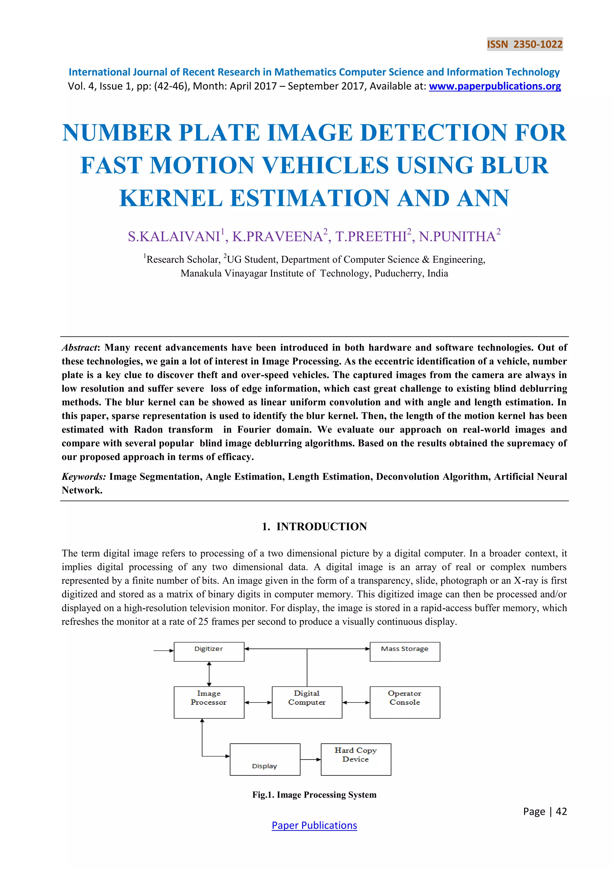 NUMBER PLATE IMAGE DETECTION FOR FAST MOTION VEHICLES USING BLUR KERNEL ...