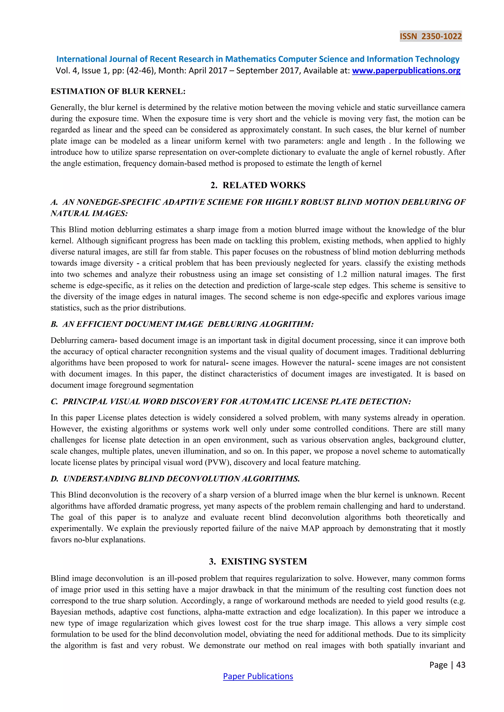 NUMBER PLATE IMAGE DETECTION FOR FAST MOTION VEHICLES USING BLUR KERNEL ESTIMATION AND ANN | PDF