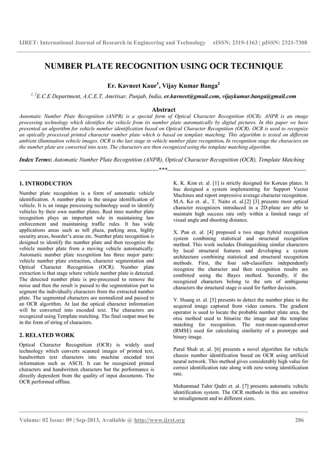 Number plate recognition using ocr technique | PDF