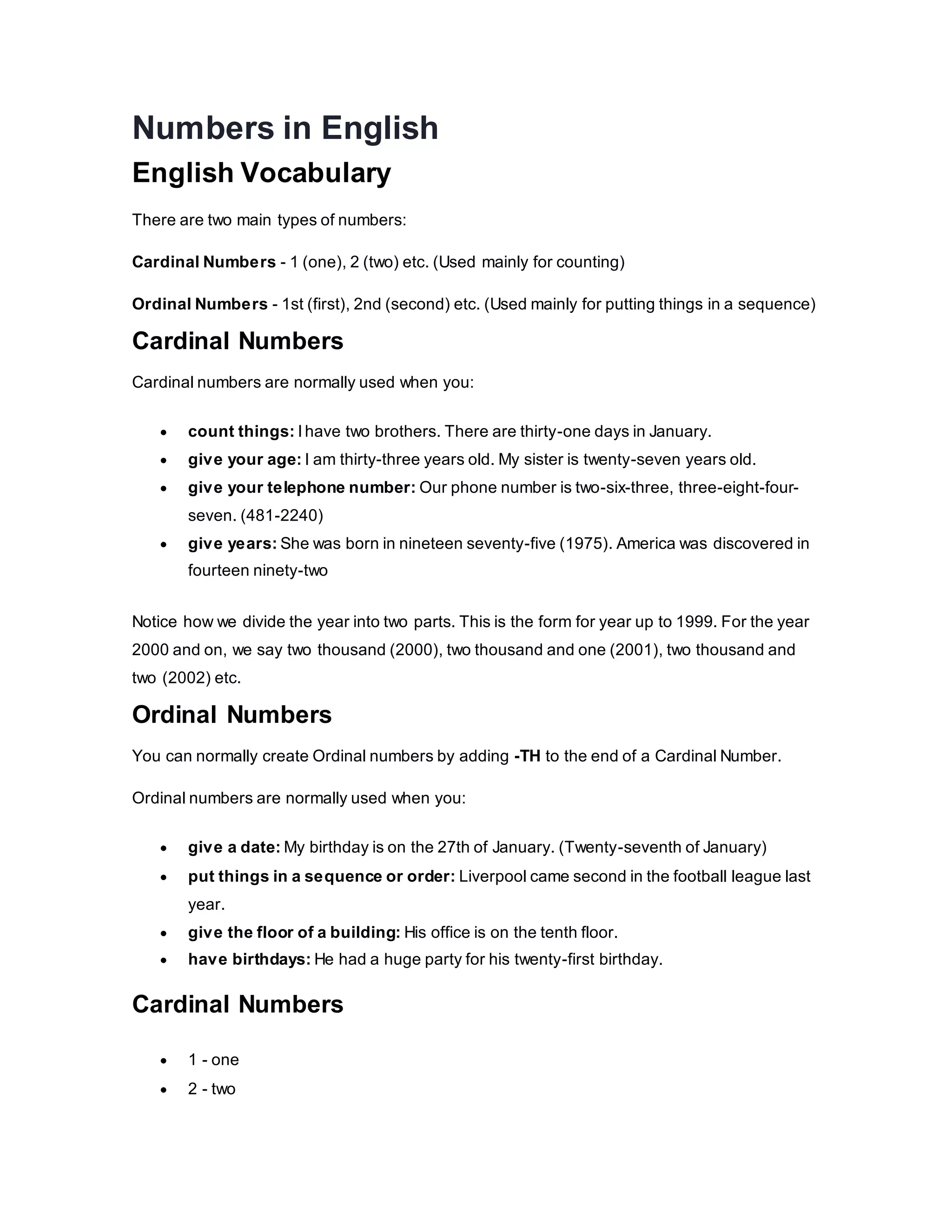 List of Vocabulary - Numbers | DOCX