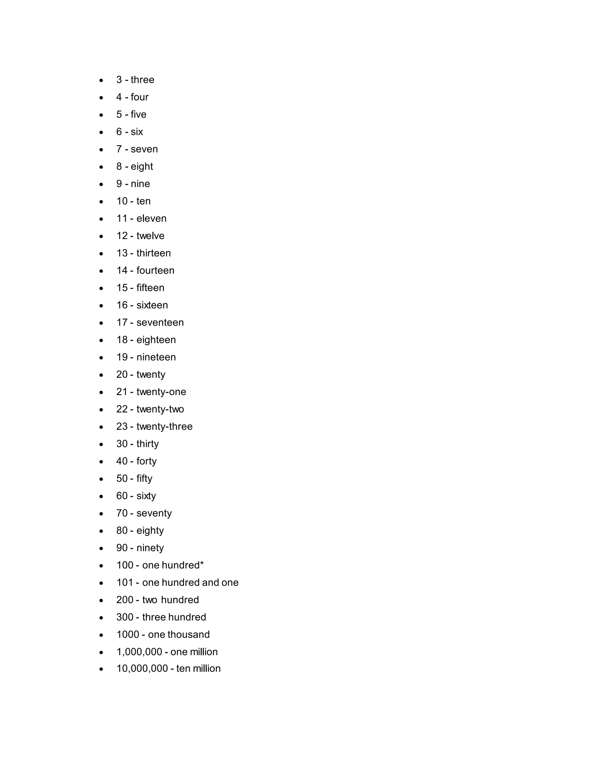 List of Vocabulary - Numbers | DOCX