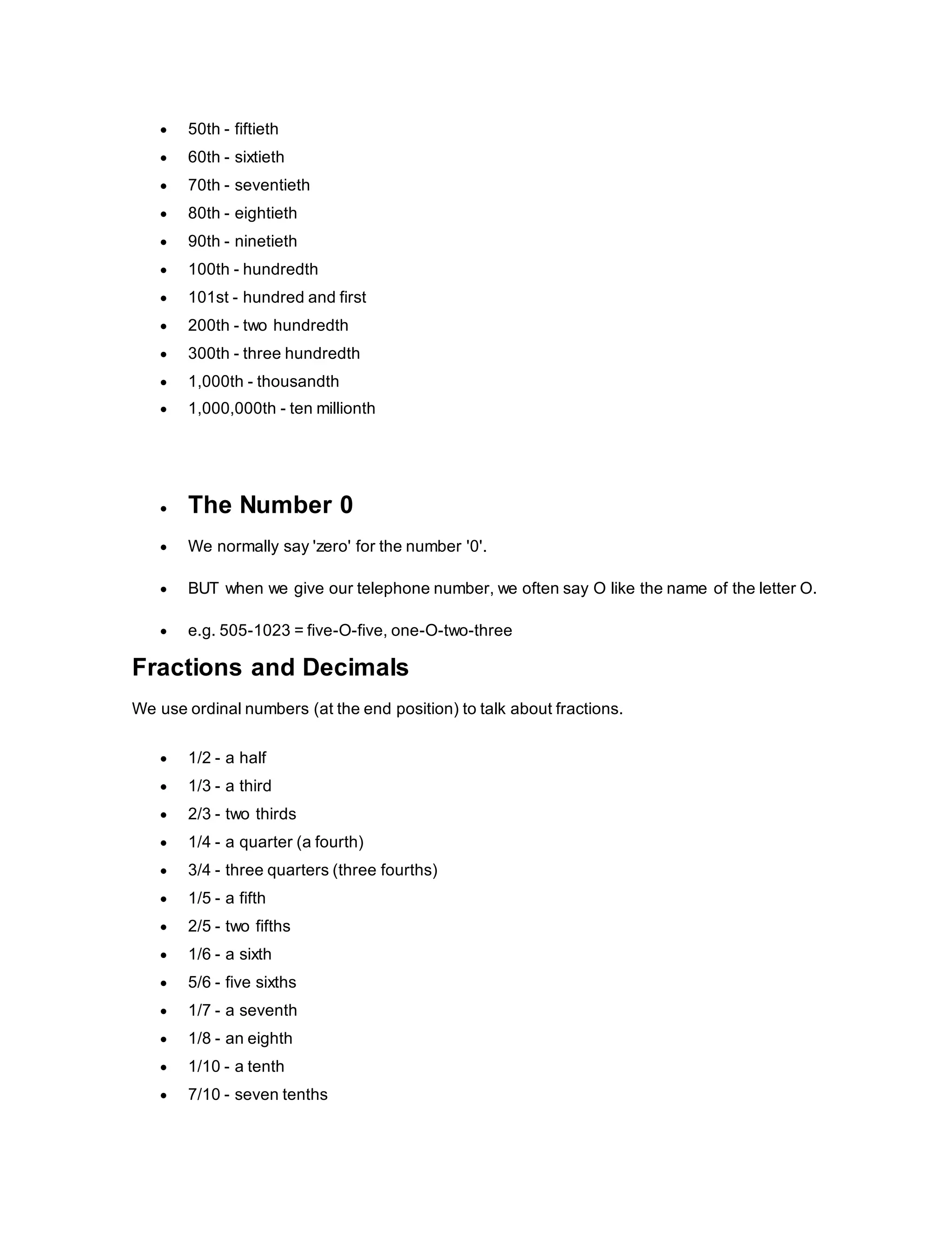 List of Vocabulary - Numbers | DOCX