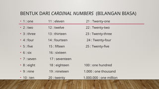 presentasi numbers (cardinal dan ordinal numbers) | PPTX