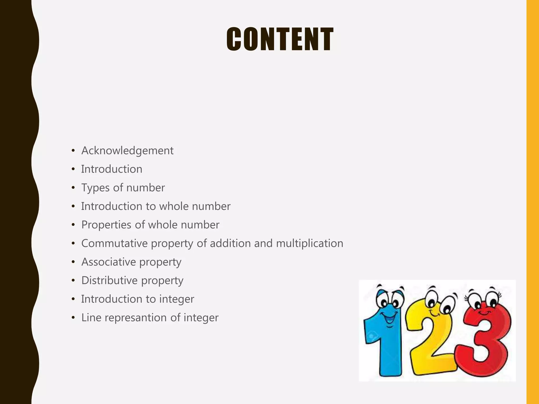 Number system(Types of numbers, whole number, its properties, integer and its representation) | PPTX