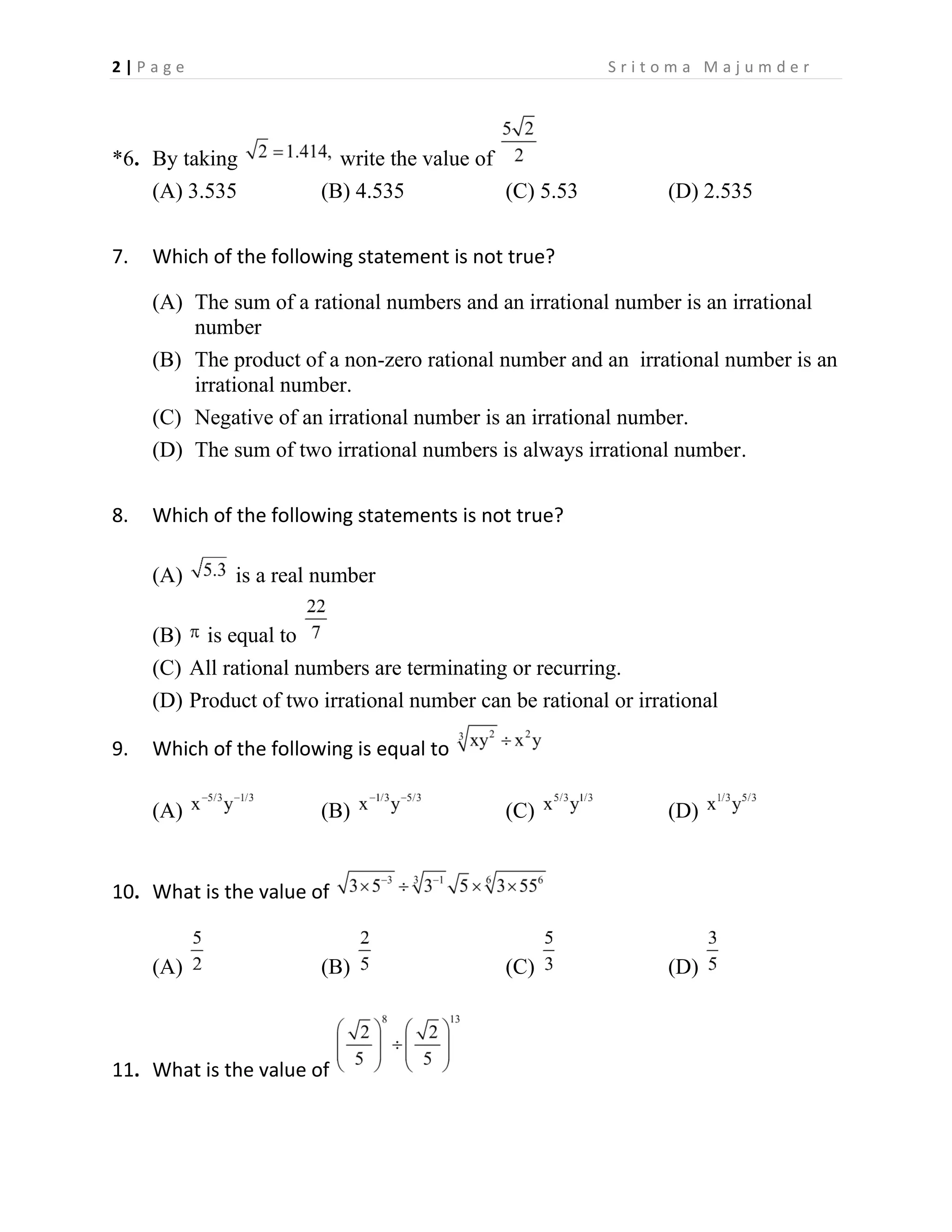 CBSE - Grade 9 - Mathematics - Number System - Multiple Choice Questions - Worksheet | PDF