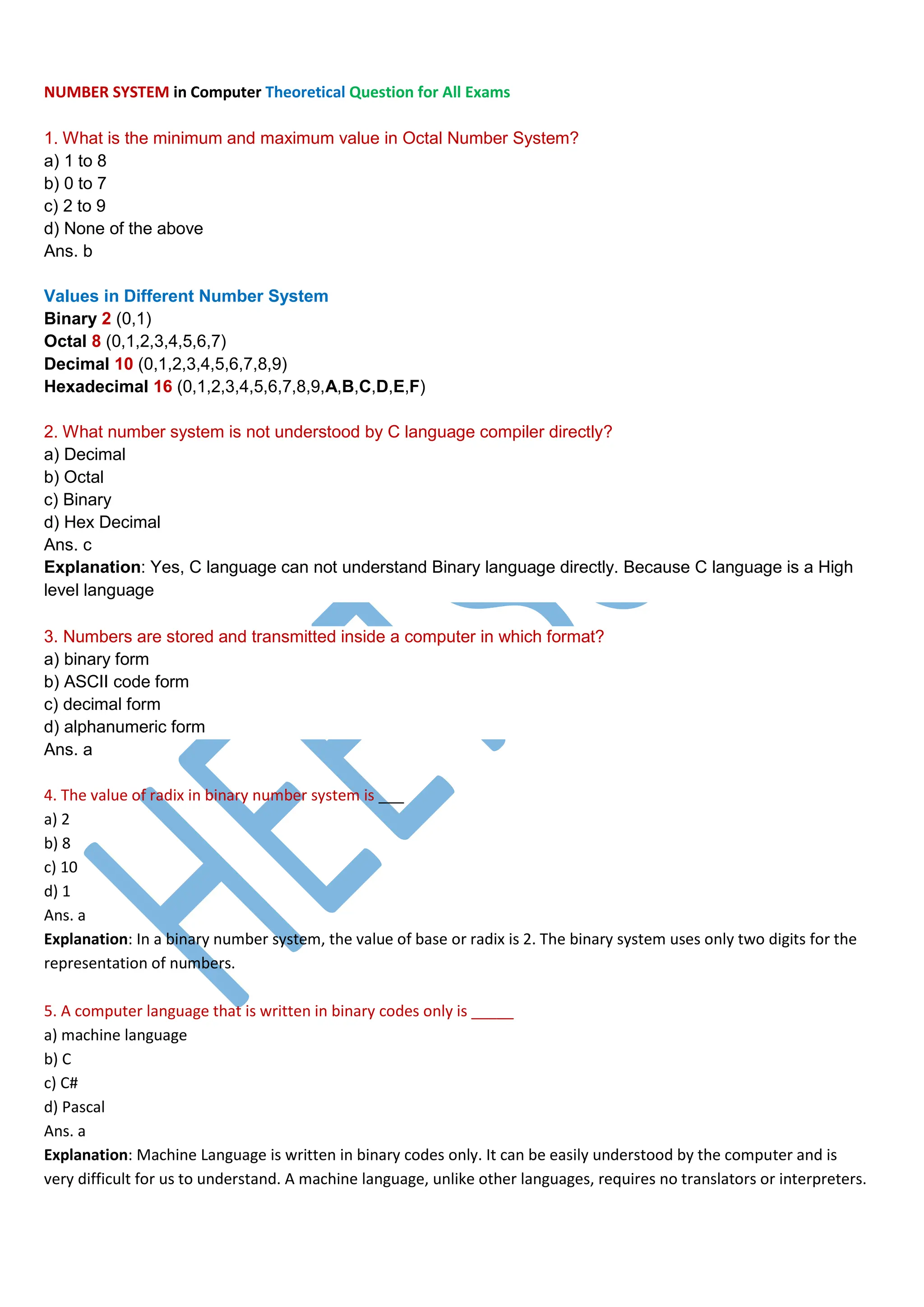 Number System Computer MCQ Questions and Answers | PDF