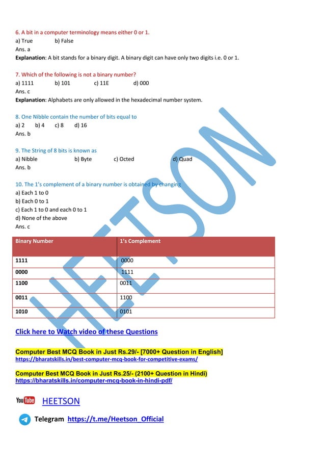 Number System Computer MCQ Questions and Answers | PDF