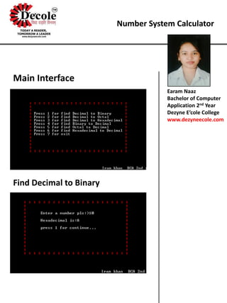 Iram Naaz,3rd Year BCA,Project on number system calculator using C ...
