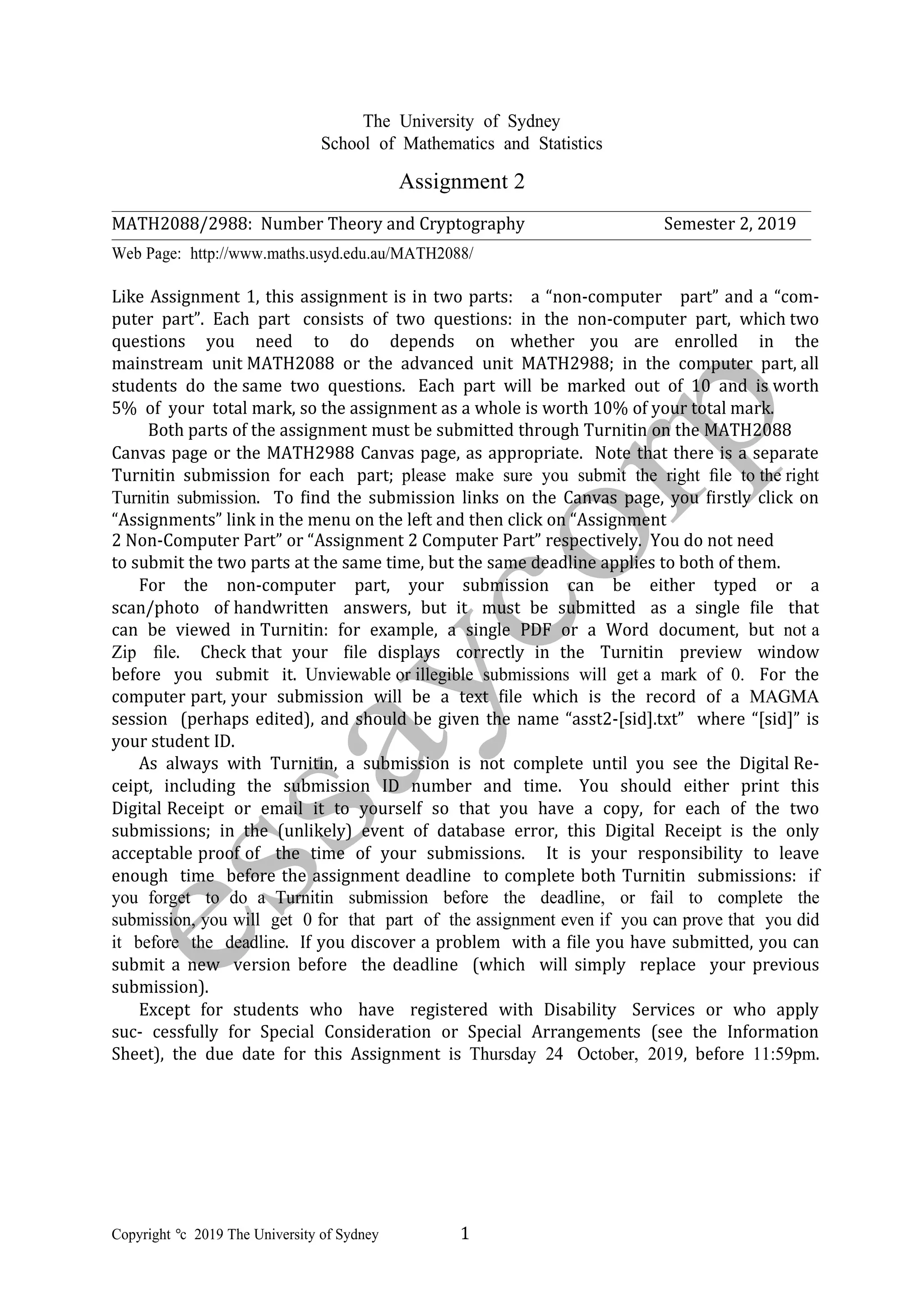 MATH2088/2988 Number Theory and Cryptography Assignments | PDF