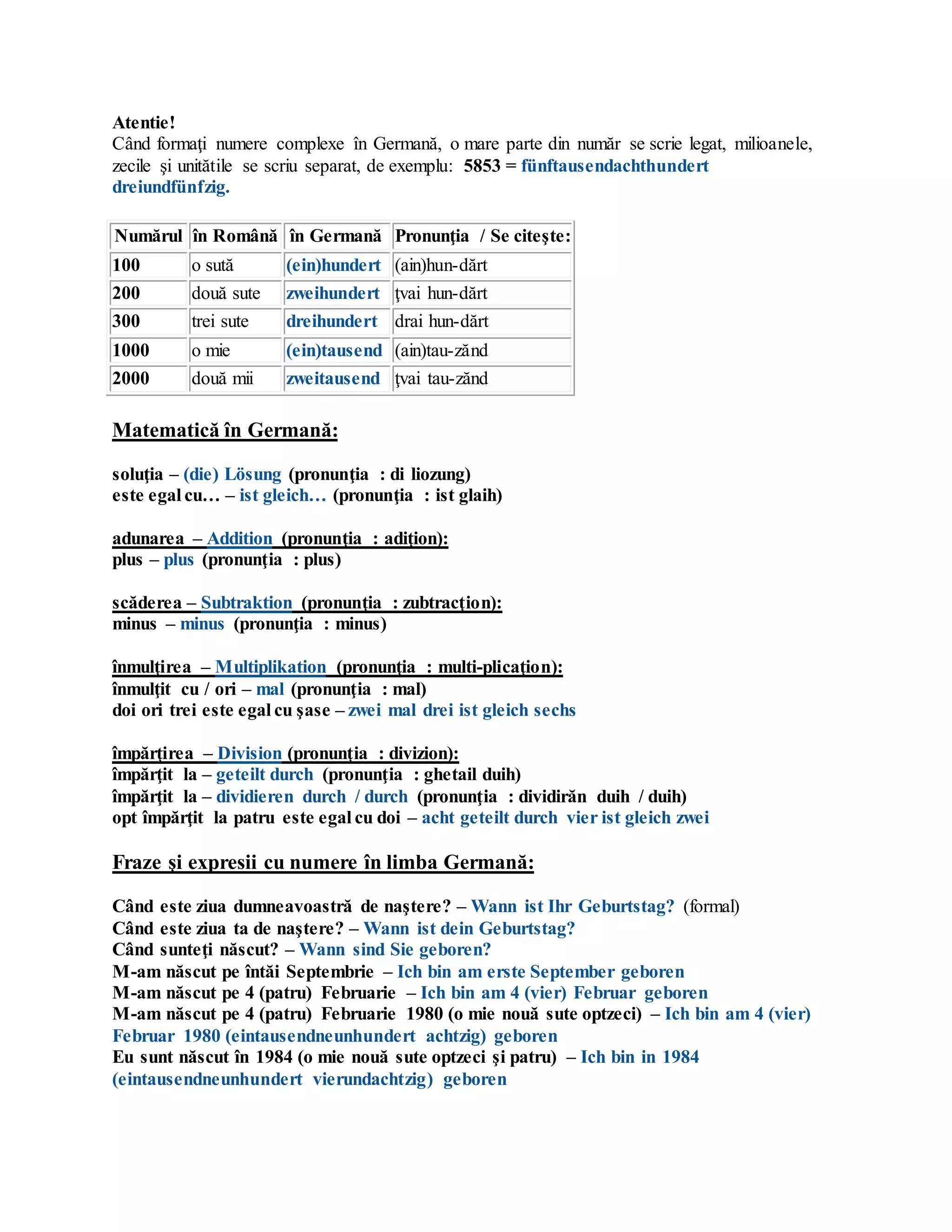Numerele în germană | DOCX