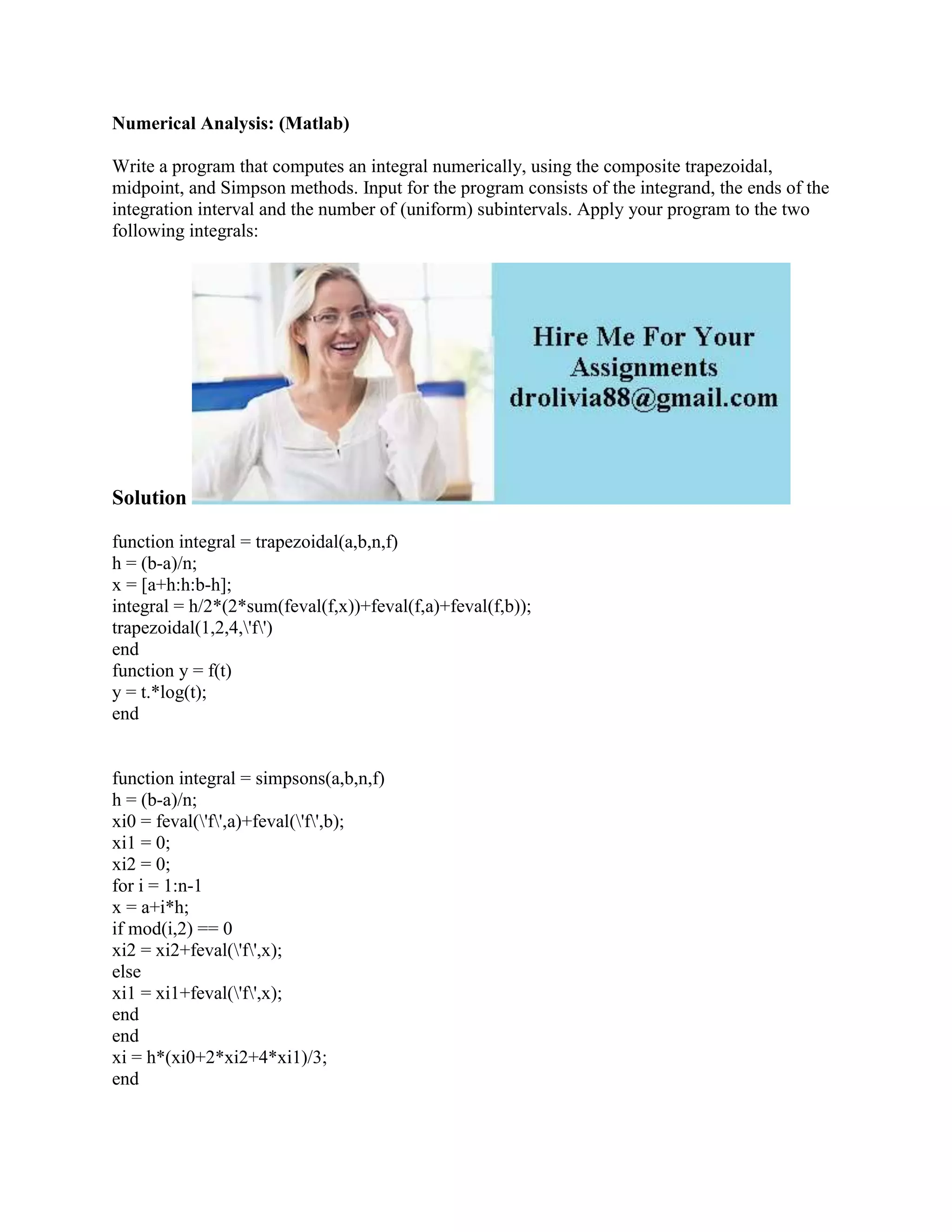 Numerical Analysis- (Matlab) Write a program that computes an integral.docx