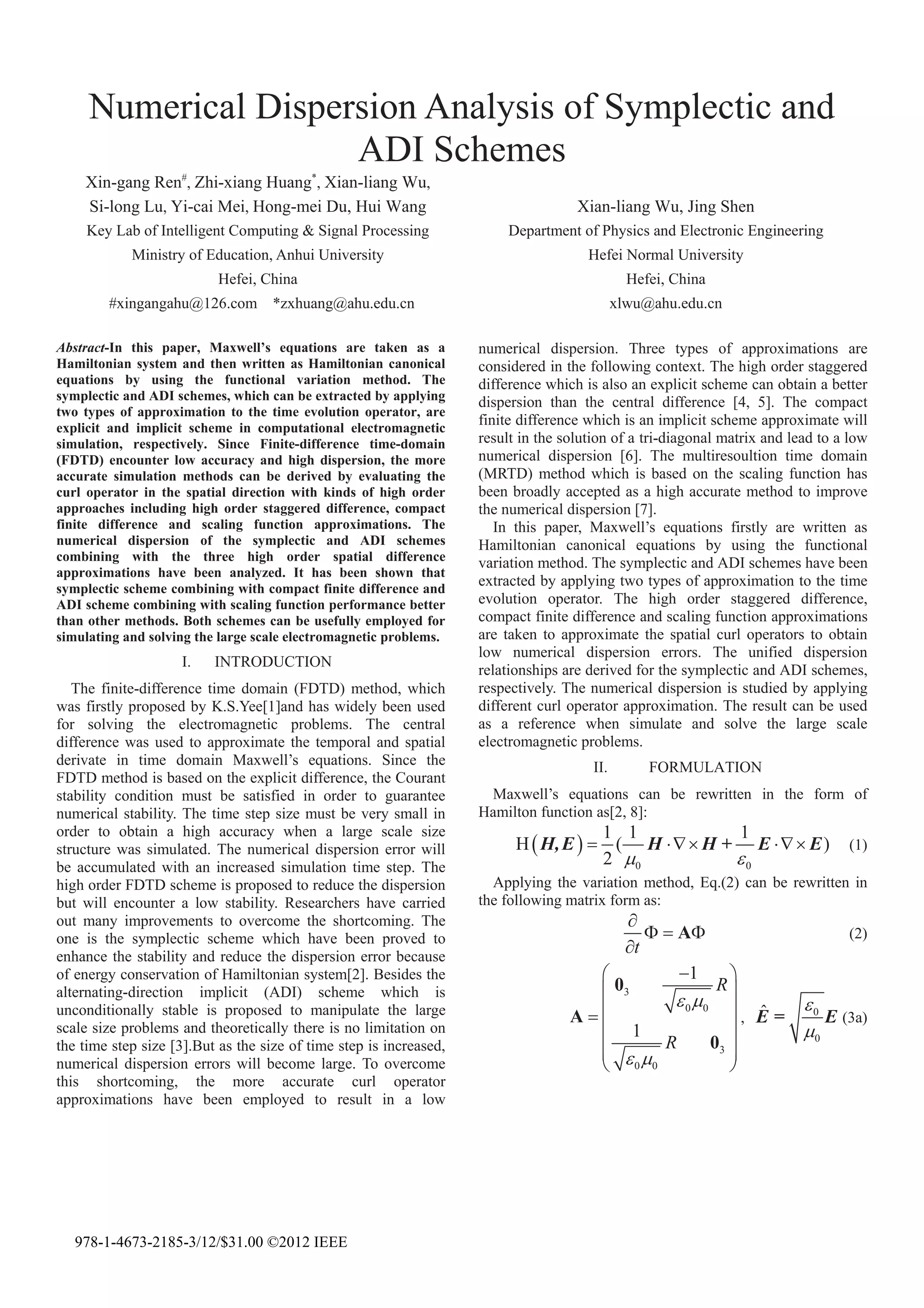 Numerical disperison analysis of sympletic and adi scheme | PDF