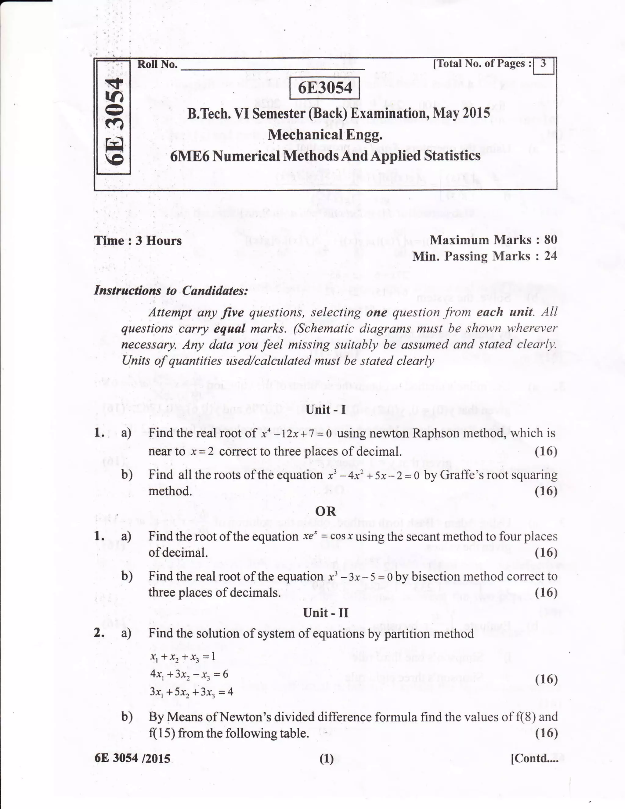 Numerical Methods and Applied Statistics Paper (RTU VI Semester) | PDF