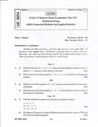 Numerical Methods and Applied Statistics Paper (RTU VI Semester) | PDF