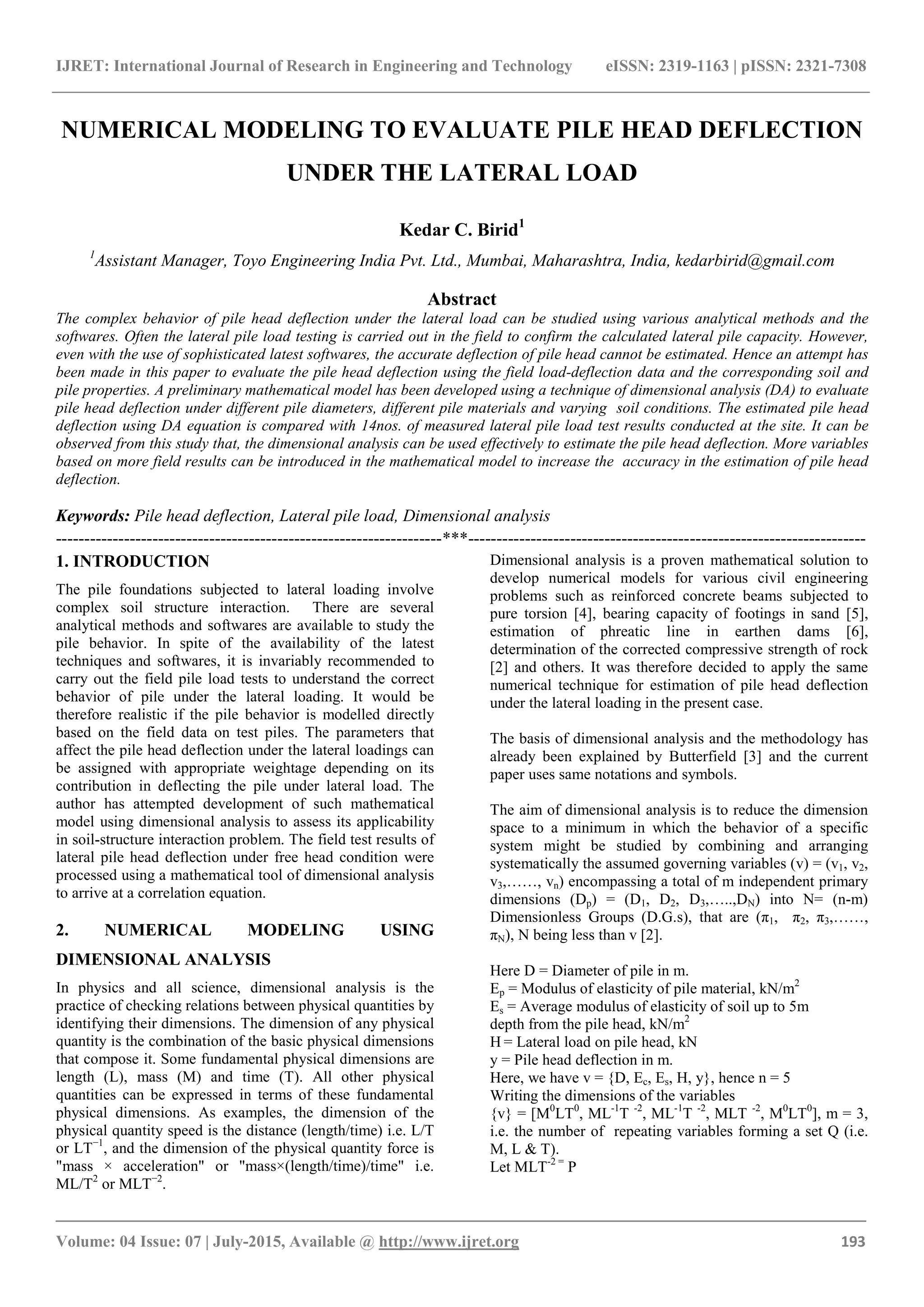 Numerical modeling to evaluate pile head deflection under the lateral ...