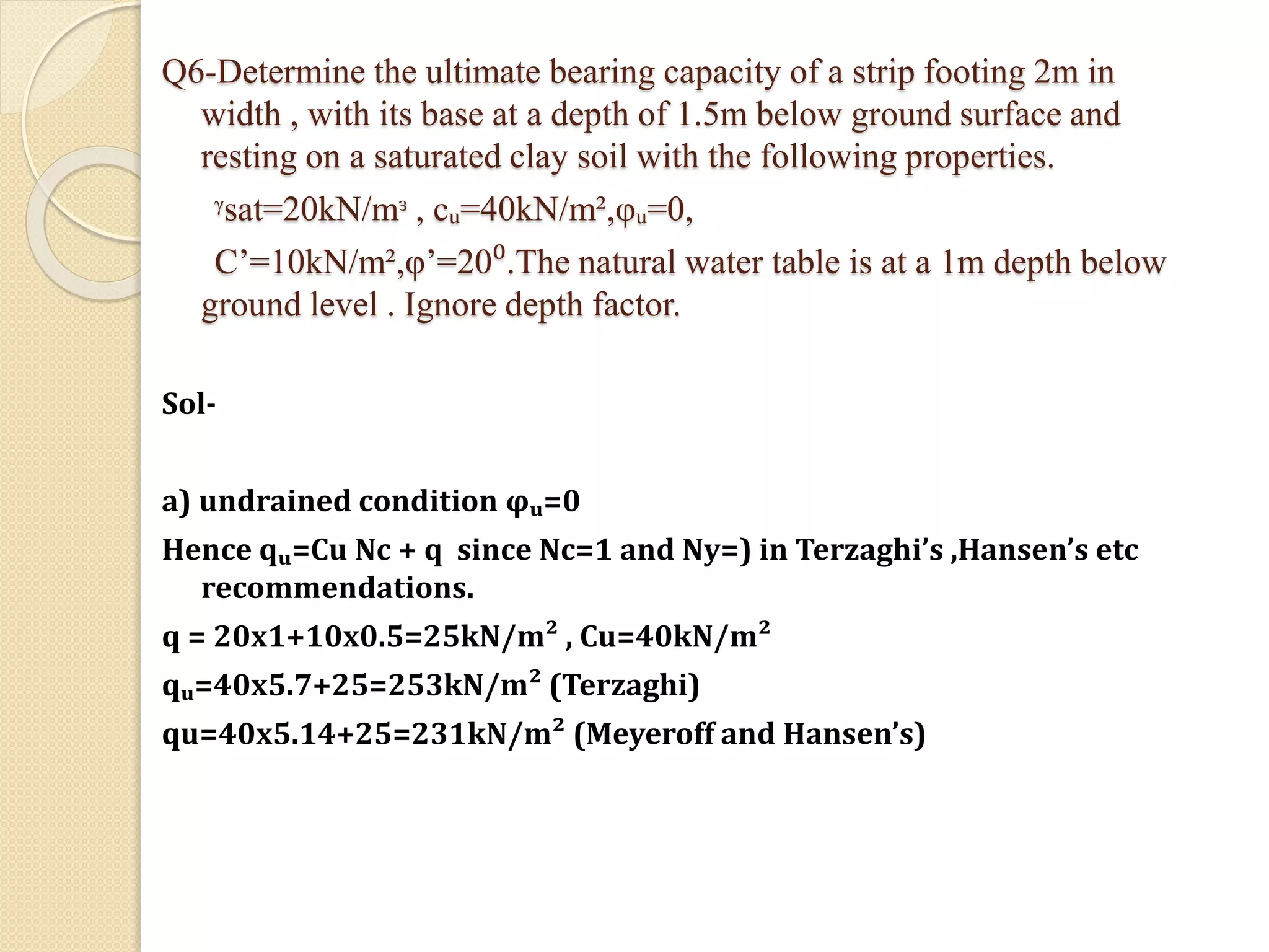 Numerical problem on bearing capacity is code terzaghi water table ...