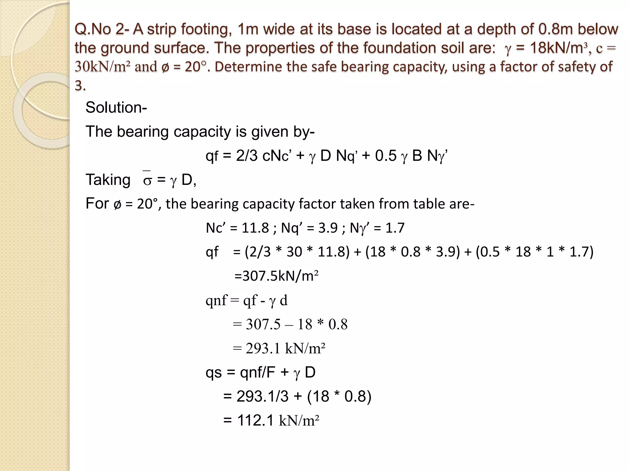 Numerical problem on bearing capacity is code terzaghi water table ...