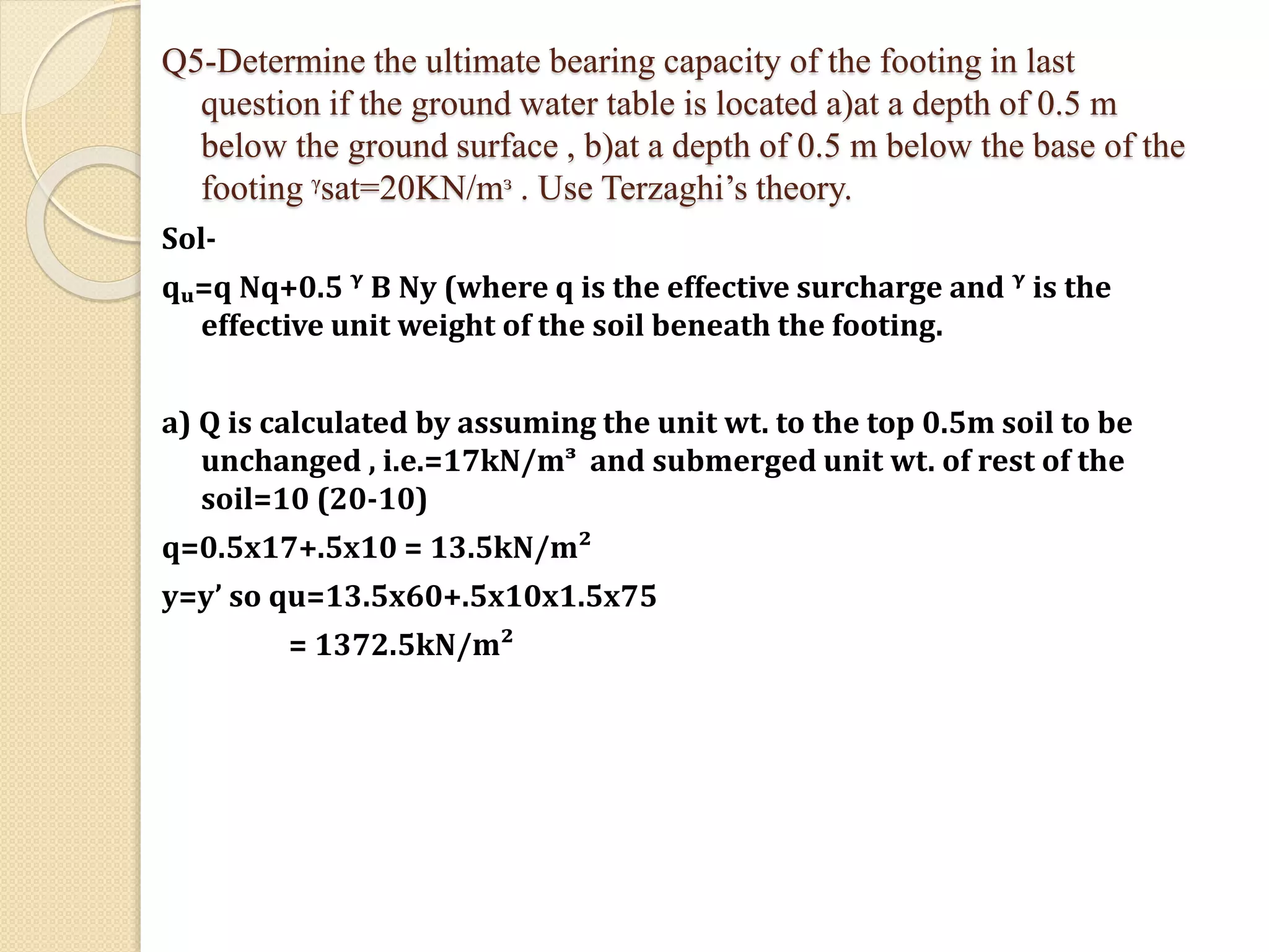 Numerical problem on bearing capacity is code terzaghi water table ...