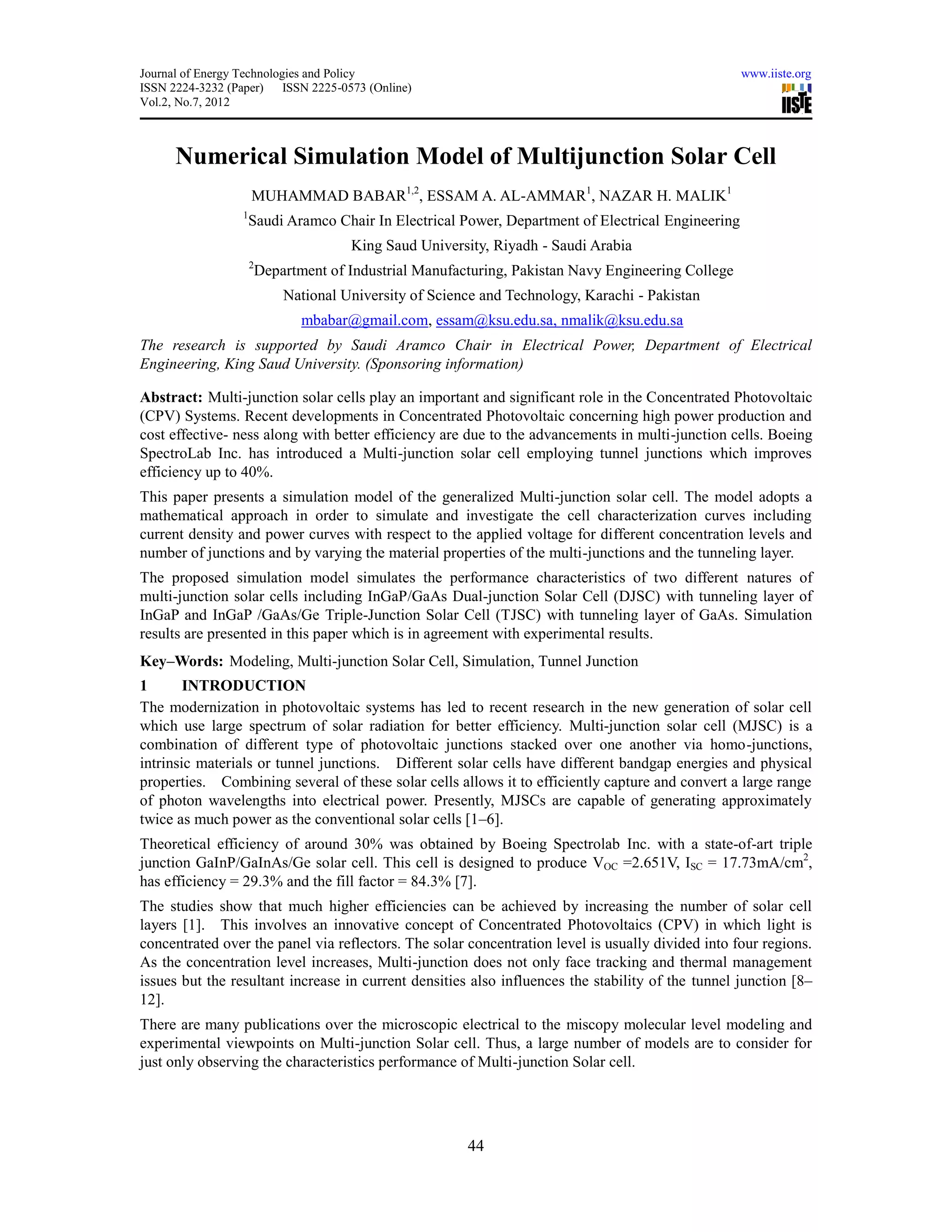 Numerical simulation model of multijunction solar cell | PDF