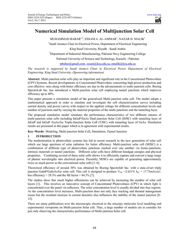 Numerical simulation model of multijunction solar cell | PDF