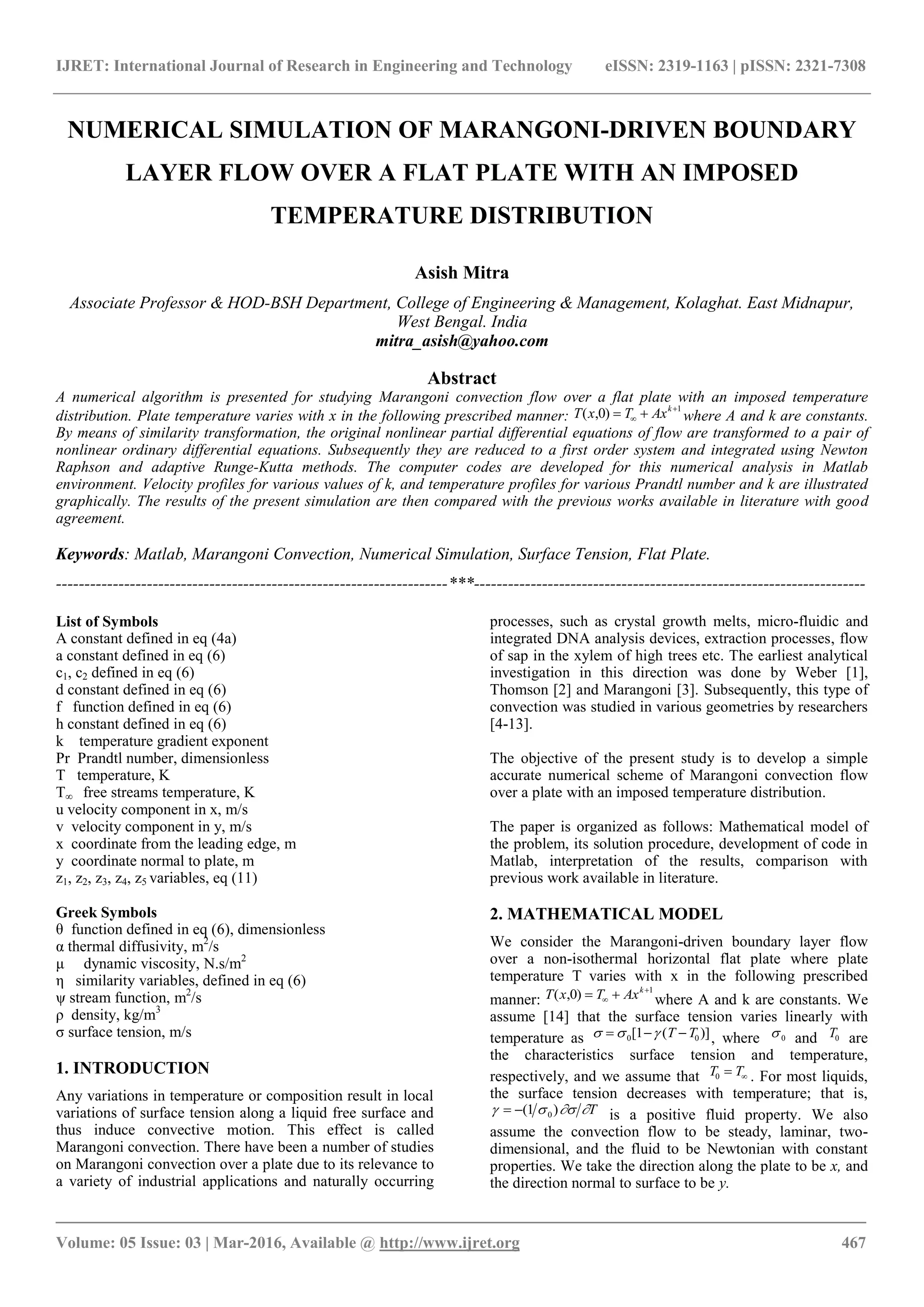 Numerical simulation of marangoni driven boundary layer flow over a flat plate with an imposed ...
