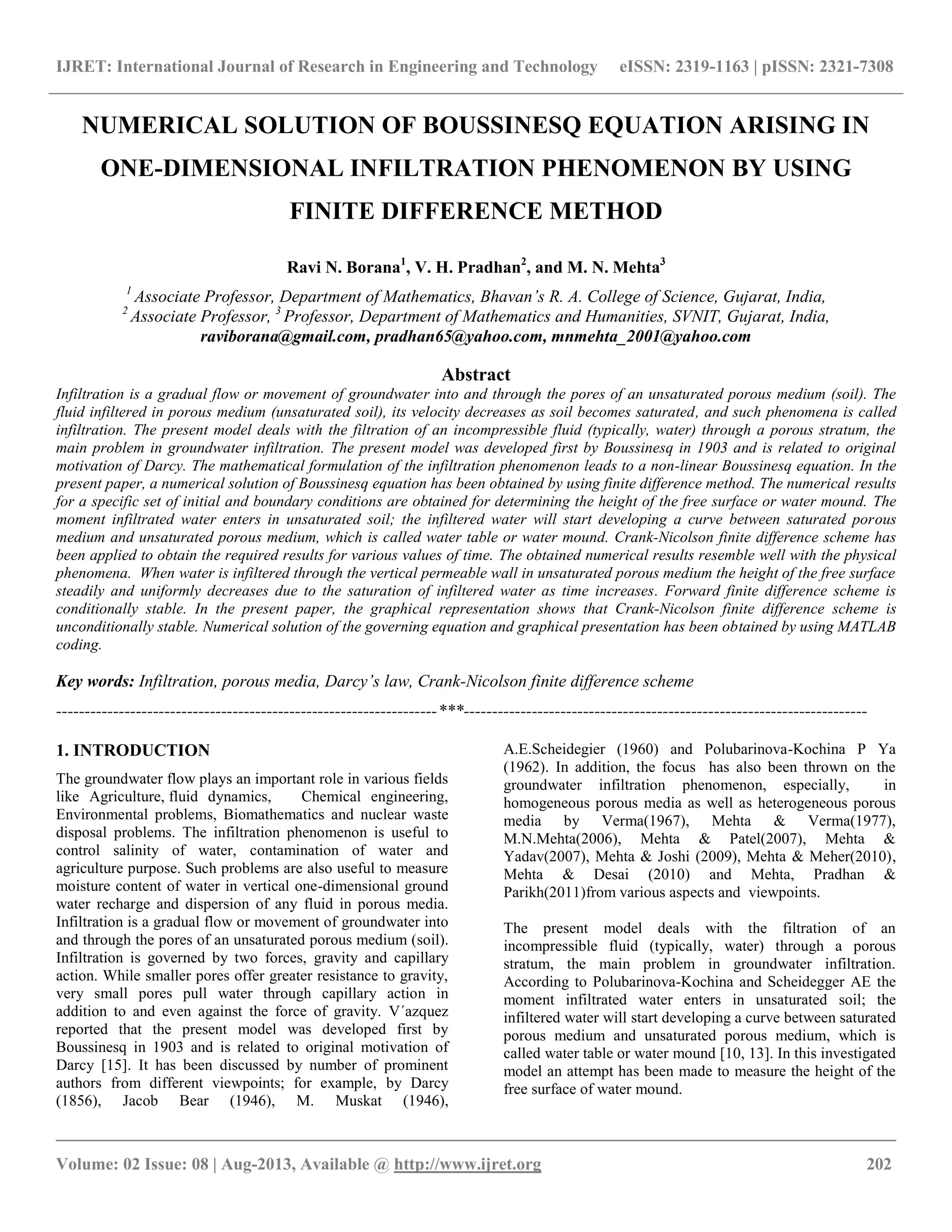 Numerical Solution Of Boussinesq Equation Arising In One Dimensional