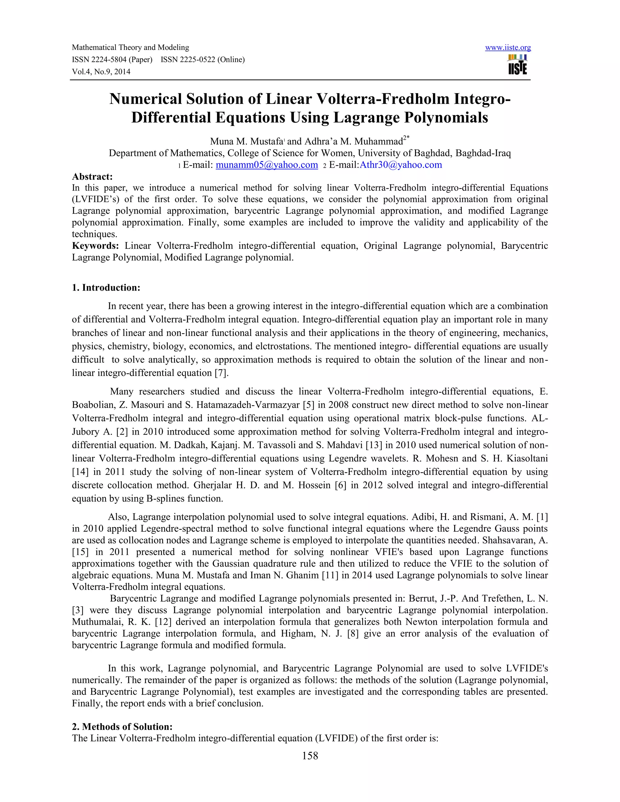 Numerical solution of linear volterra fredholm integro- | PDF
