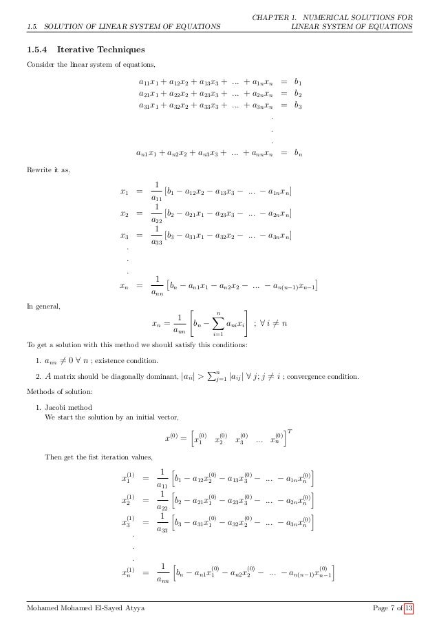 Numerical Solutions For Linear System Of Equations