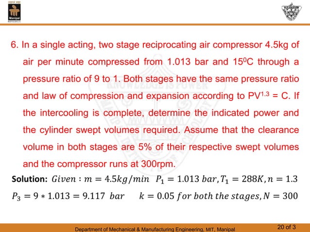 Numericals on Raciprocating air compressor.ppt | Physics | Science