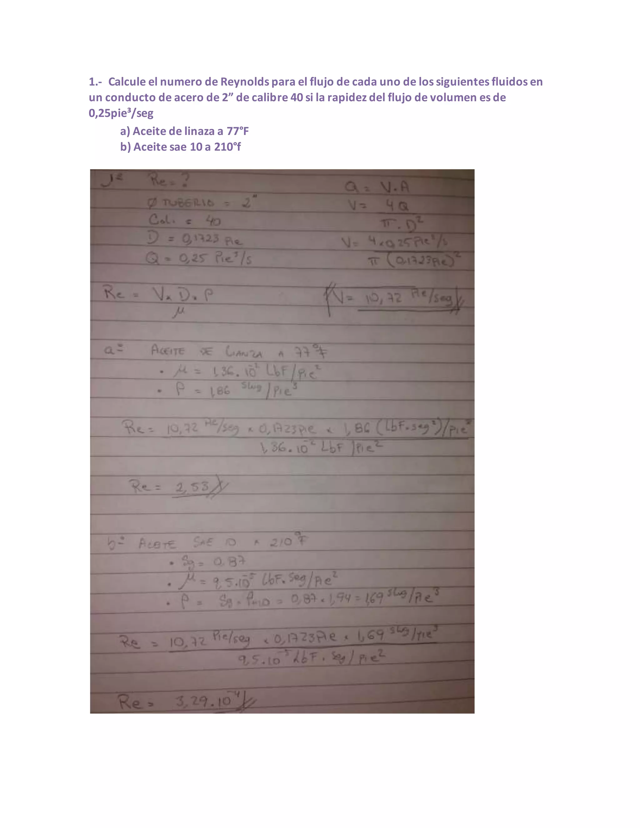 Ejercicios - Numero de reynolds | DOCX