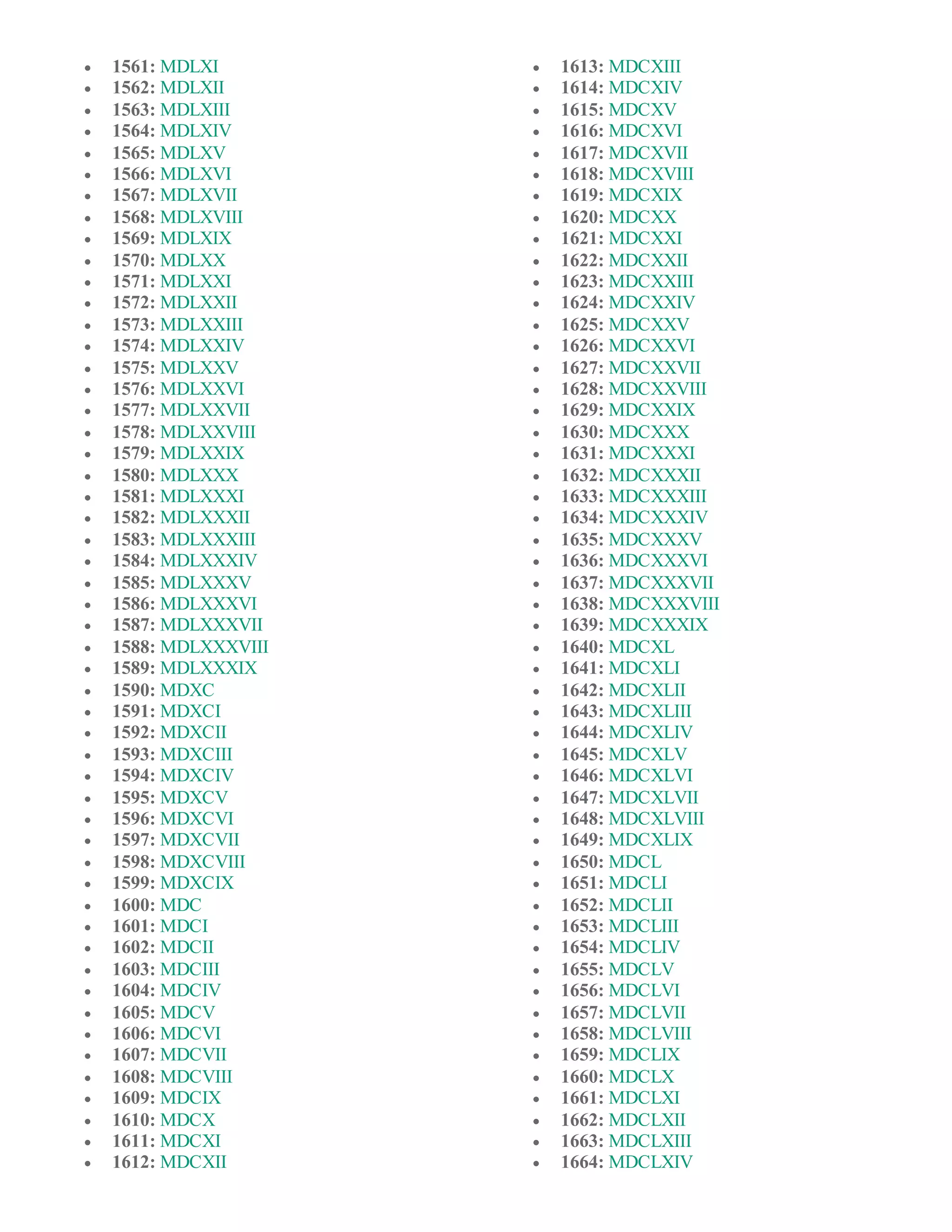 Numeros romanos del 1 al 5000 | DOCX