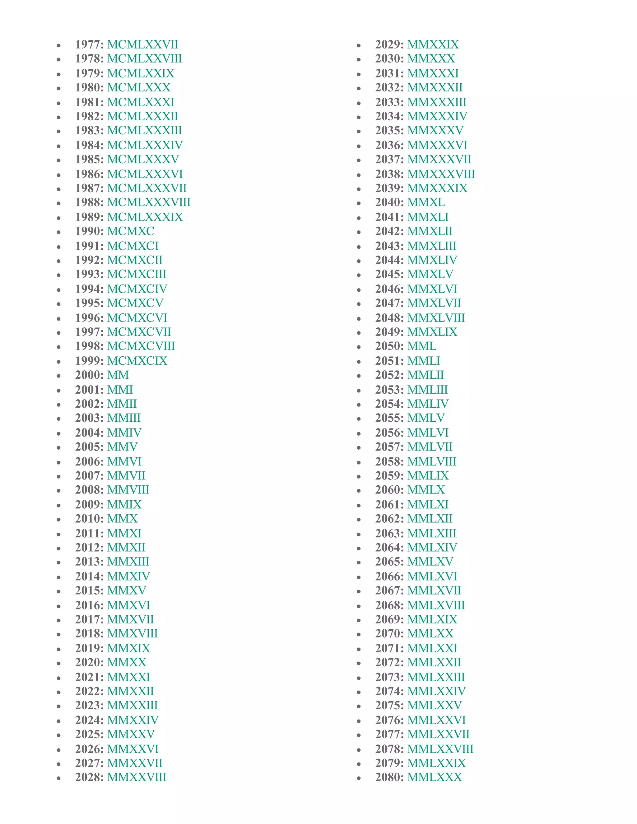 Numeros romanos del 1 al 5000 | DOCX