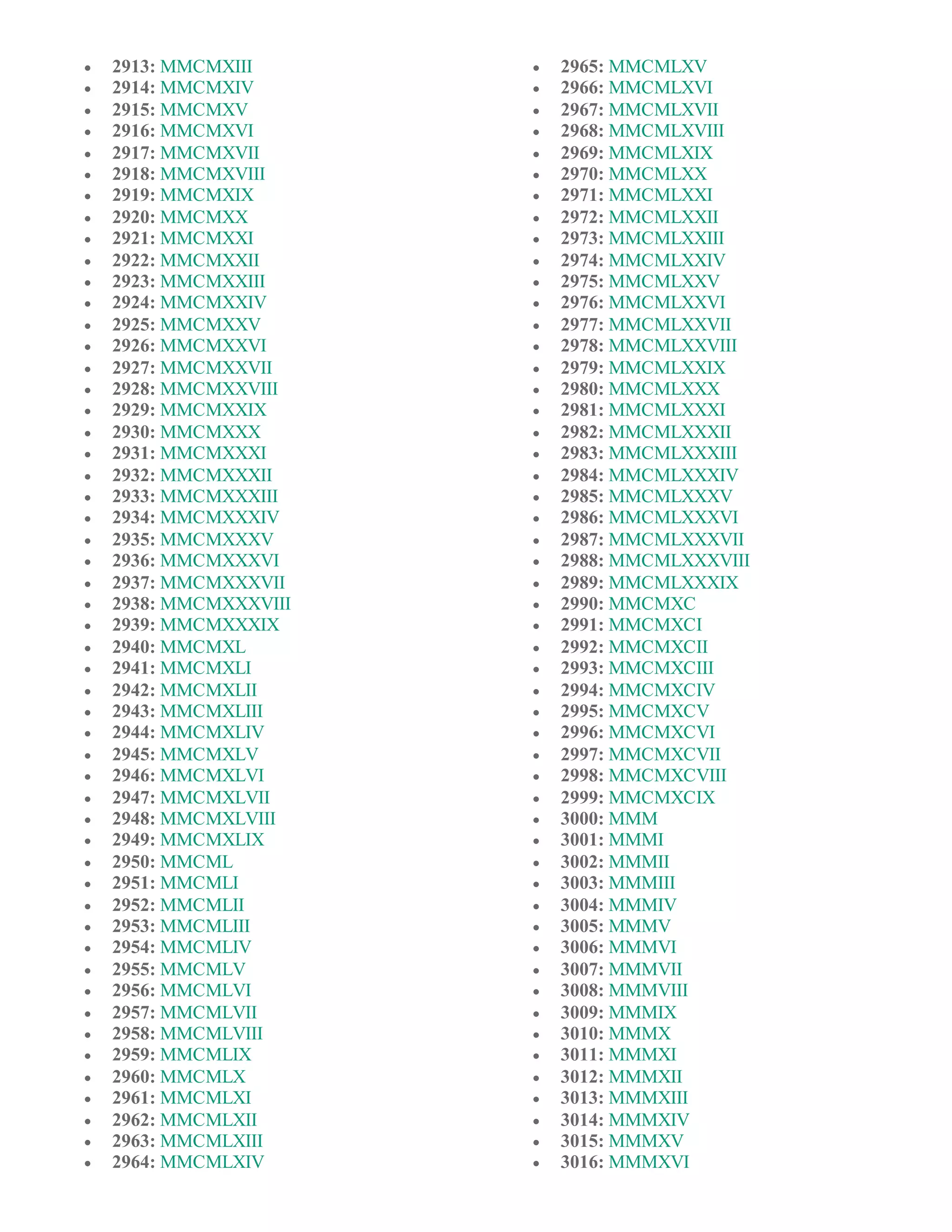 Numeros romanos del 1 al 5000 | DOCX
