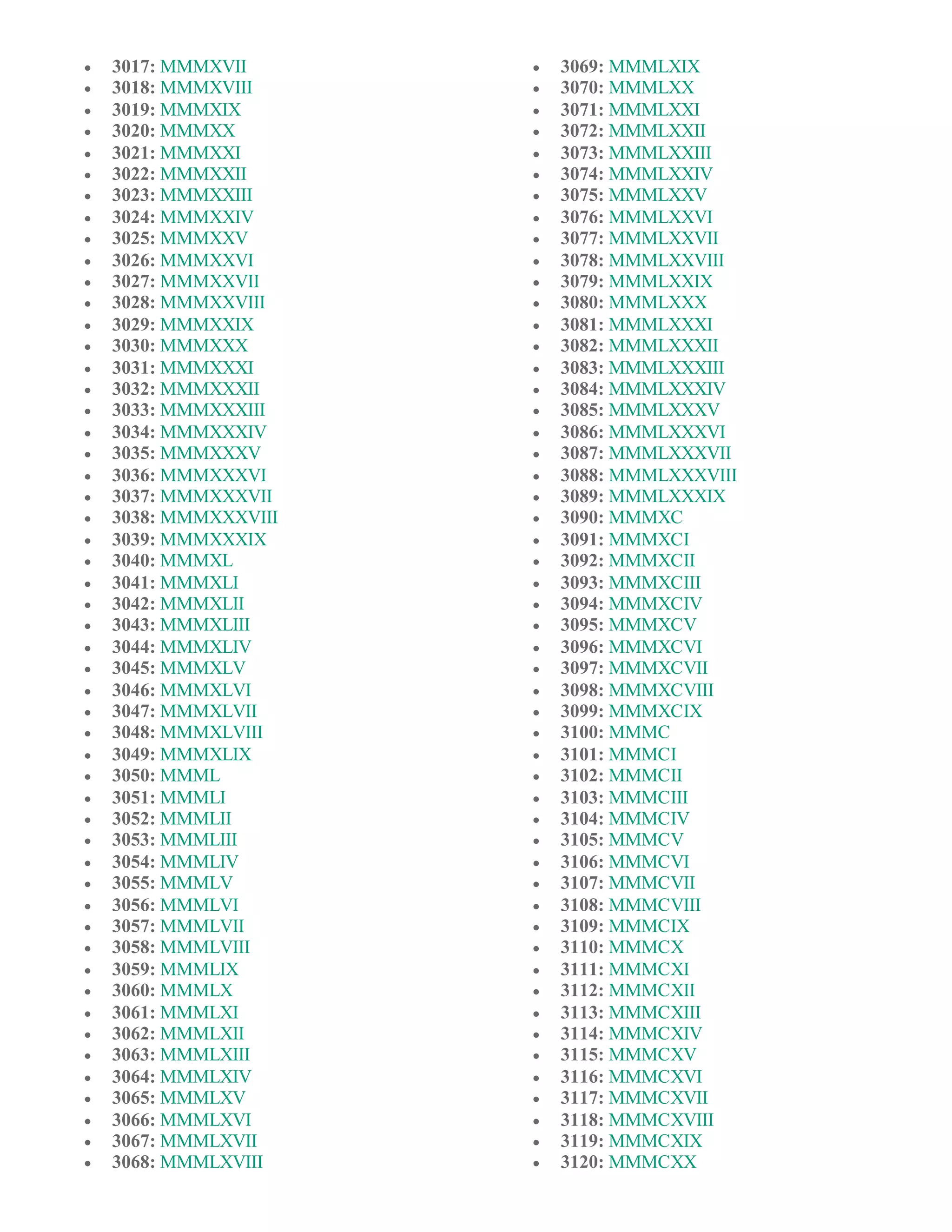 Numeros romanos del 1 al 5000 | DOCX