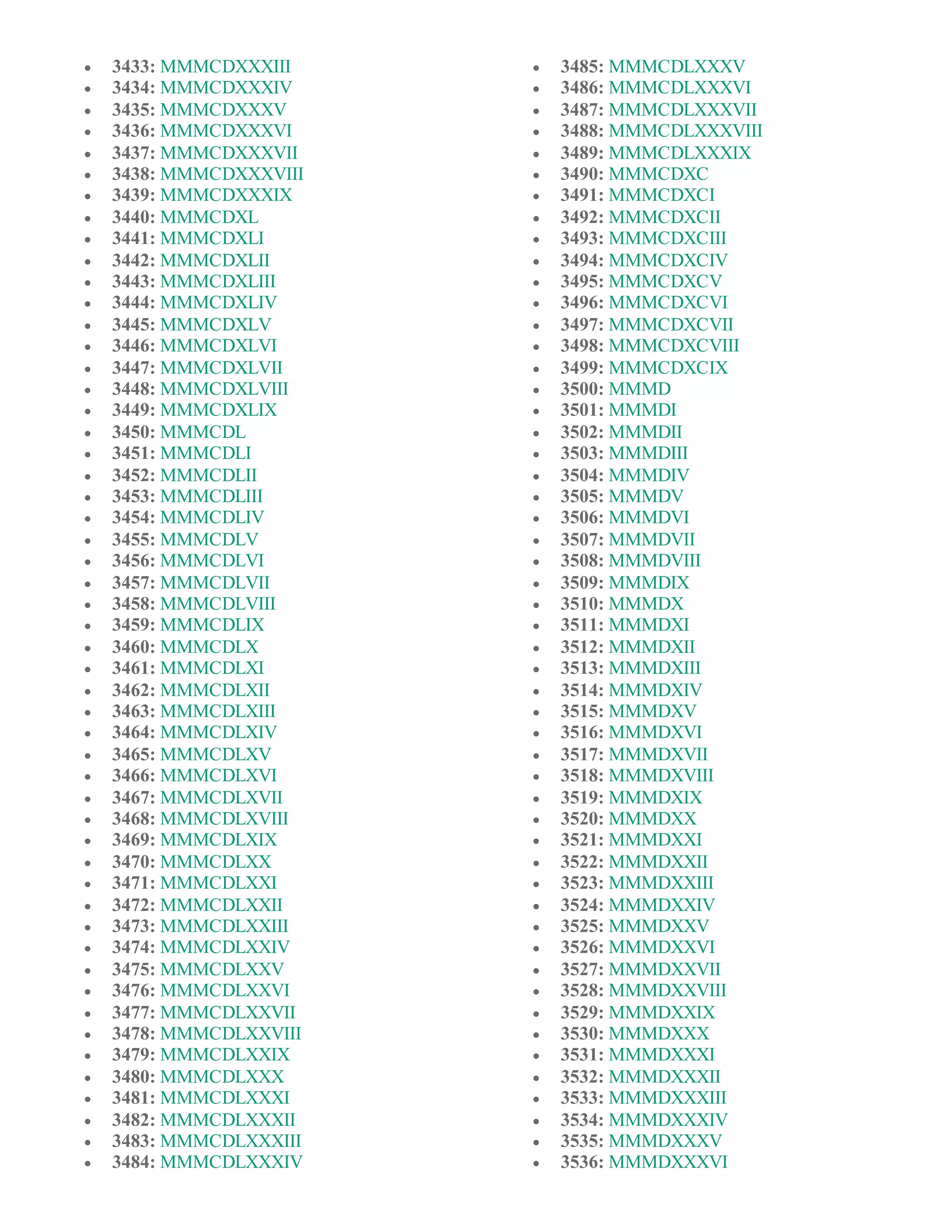 Numeros romanos del 1 al 5000 | DOCX
