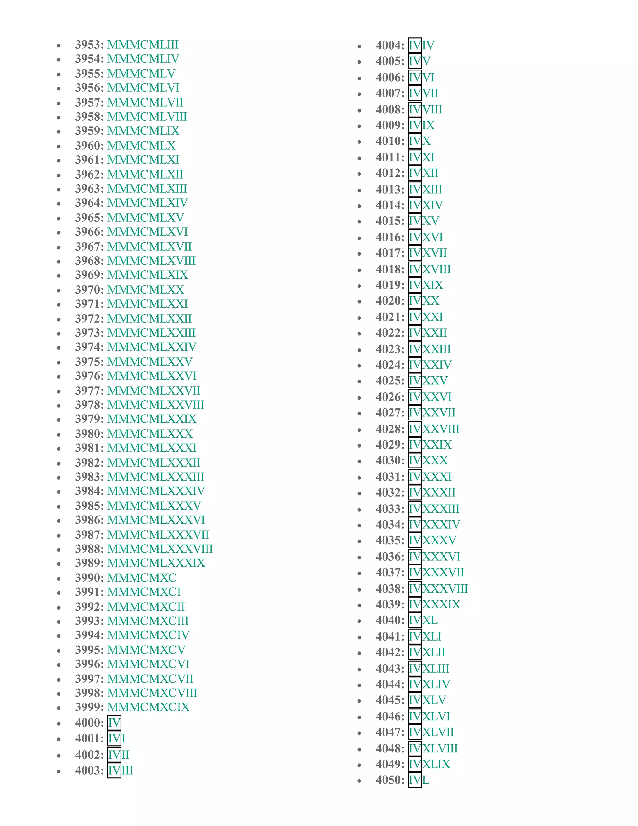 Numeros romanos del 1 al 5000 | DOCX