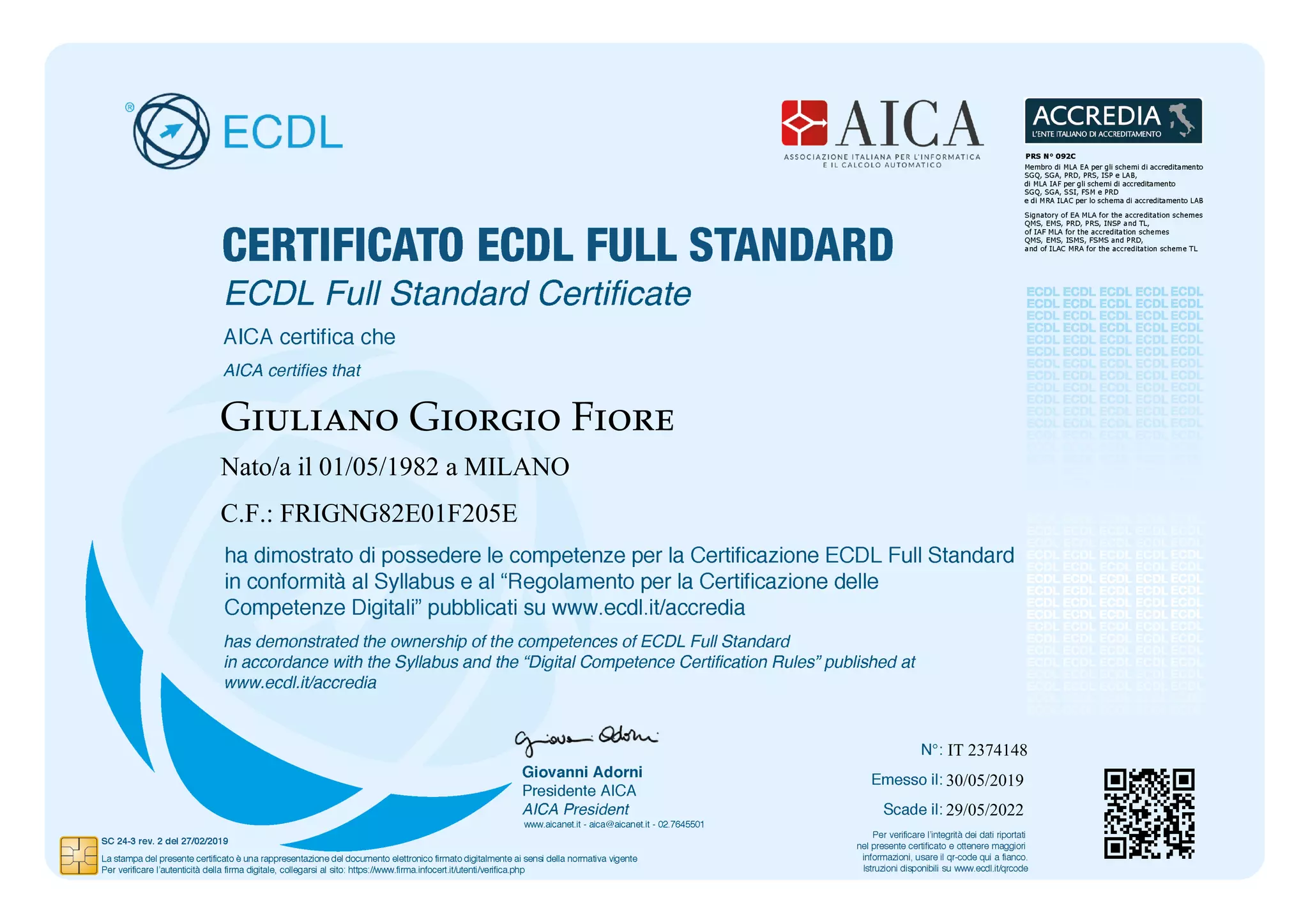 GIULIANO FIORE - NUOVA ECDL CERTIFICATO ECDL FULL STANDARD 2374148 | PDF